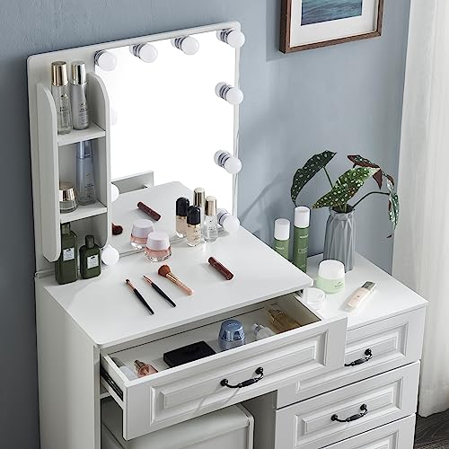 JBLCC Makeup Vanity Table with Lighted Mirror,Makeup Vanity with Lights and Drawers, Storage Shelves, Vanity Desk for Woman Girls, White (5951)