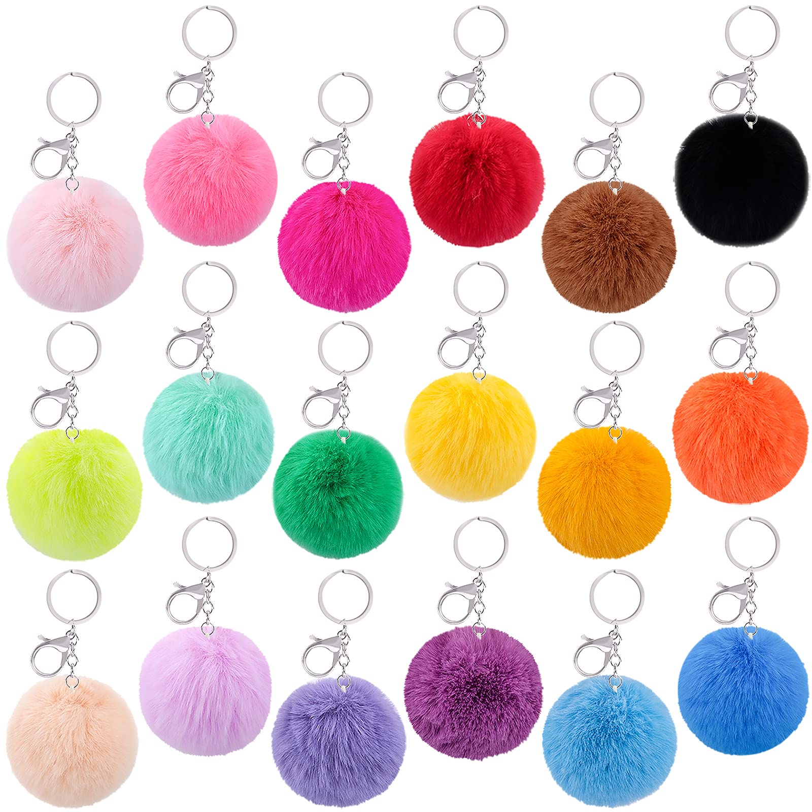 BQTQ 18 Pieces Pom Pom Keychain Rabbit Faux Fur Pom Pom Balls Keychain Fluffy Pom Pom with Keychain Hooks for Women Girls Bag Accessories (18 Bright Colors)