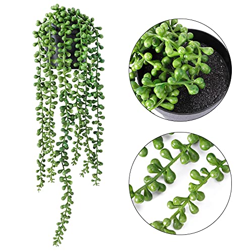 FUNARTY 2pcs Faux Plants Indoor — Artificial String of Pearls Plant in Black Pots, Realistic Green Fake Hanging Plants for Shelf Decor Desk Home Garden Decorations