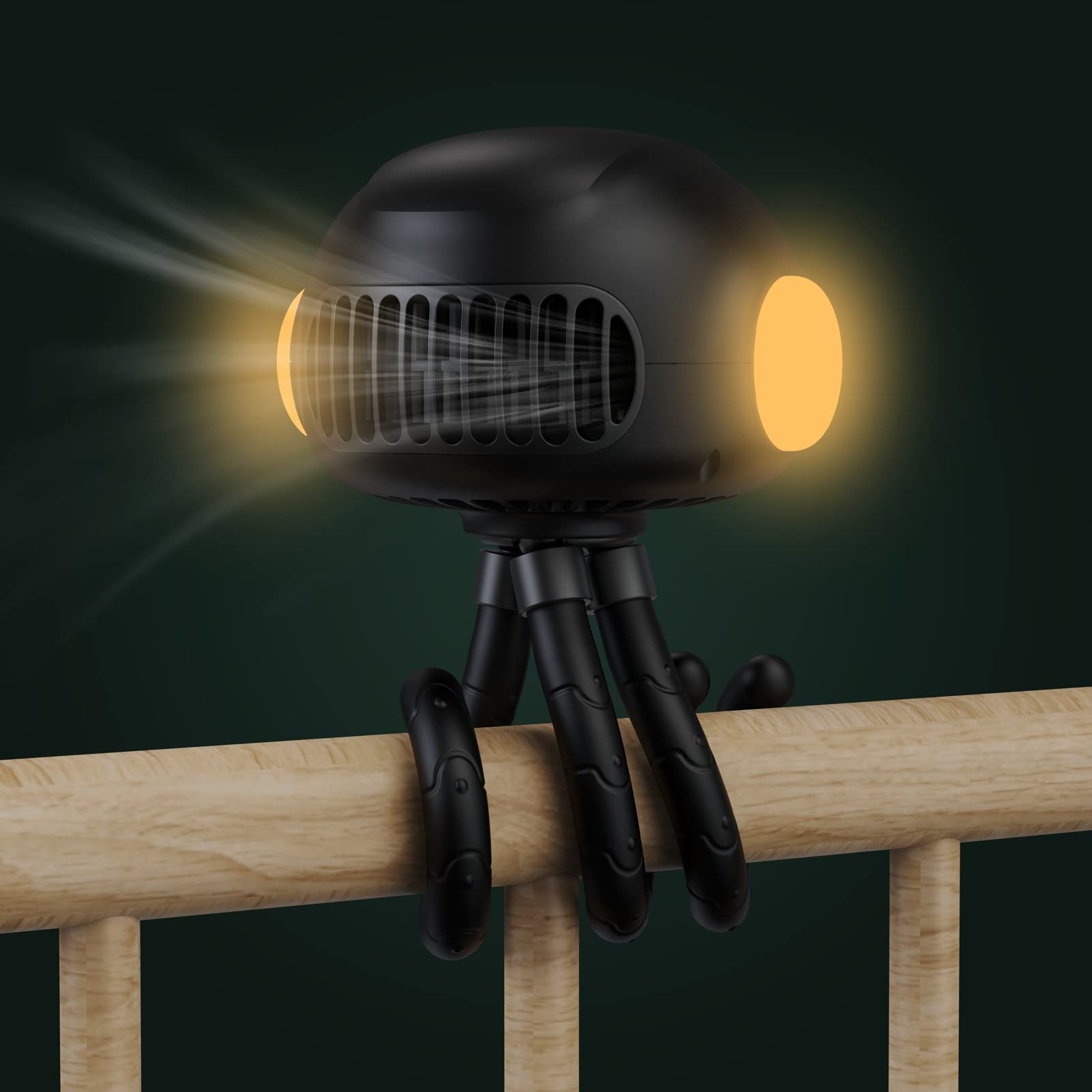 Inverter Table Fans With LED Lightsļ½USB Fans Rechargeable 4000mAh Portable Robot Flexible Tripod Clip ļ½4 Speeds 360°Adjustment, for Baby Stroller, Bedside, Desktopļ½Where You Can Stand and Hang (Black)