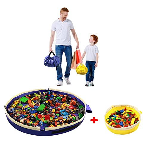 Toy Storage Mat Bag by Drawstring for Lego - Play Mat Bag Toy Storage Container for Kids with Cap can as Gift(2Pcs = Big Blue + Mini Yellow)