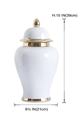 GaLouRo White Ginger Jar with Gold Trim, Ginger Jar Vase Decor for Centerpiece Table Decorations,Living Room Decor, Shelf Decor,15inches