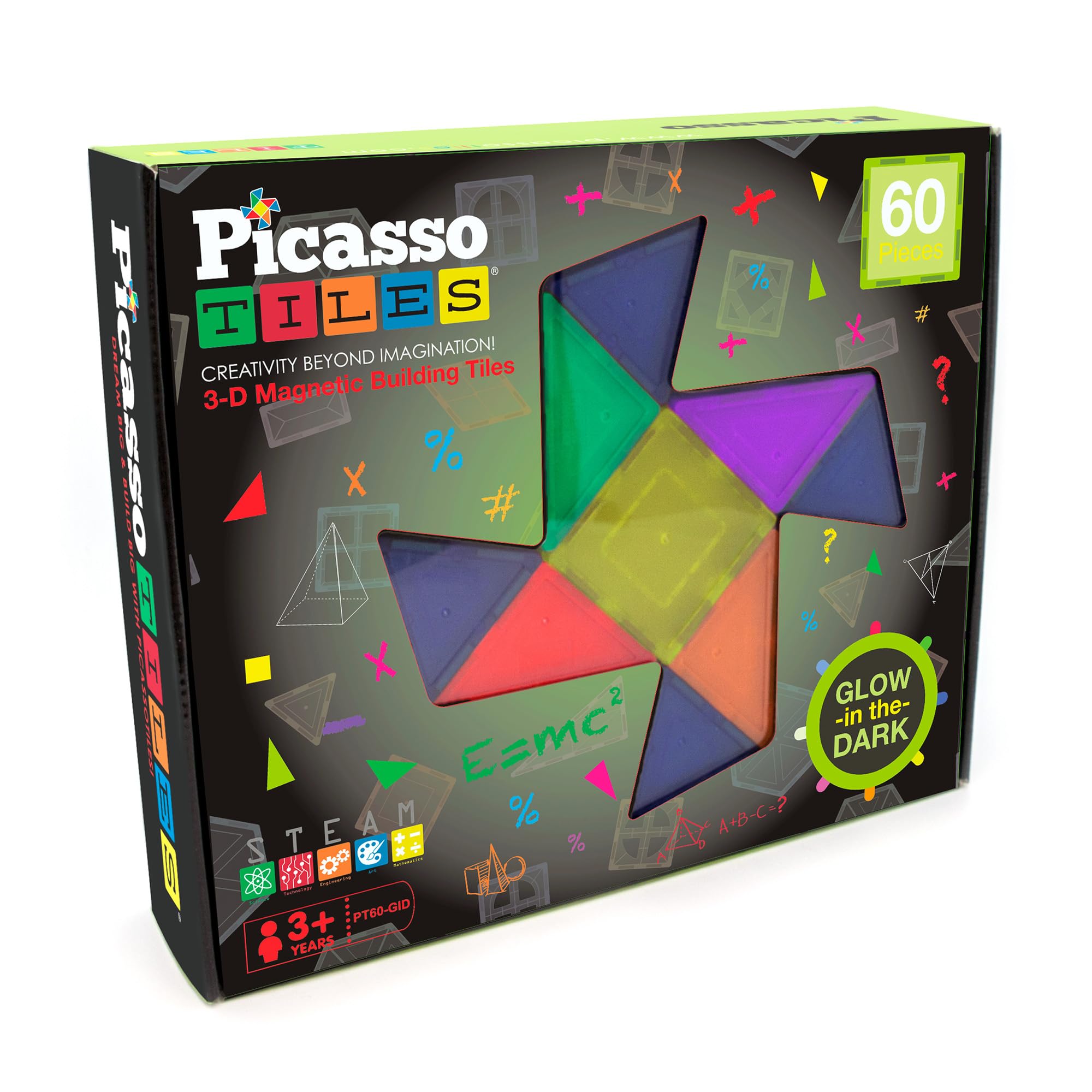 PicassoTiles Kids Toy Building Block Set Glow in The Dark Children Construction Kit Magnet Tiles Magnetic STEM Interlocking Playboard Educational Learning Stacking Blocks Child Brain Development PT60