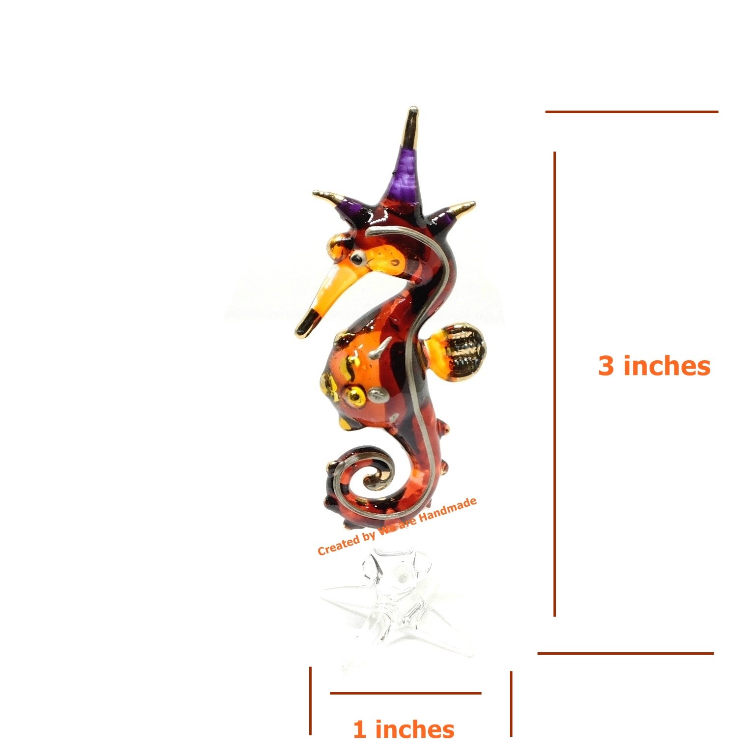 Handmade Mini 3" Blown Glass Seahorse Figurine Figure Art, Miniature Dollhouse, Gift Ideas, Collectible Ocean Animals, Tiny Ornament, Cool Stuff Decor (Brown and Orange No.2)