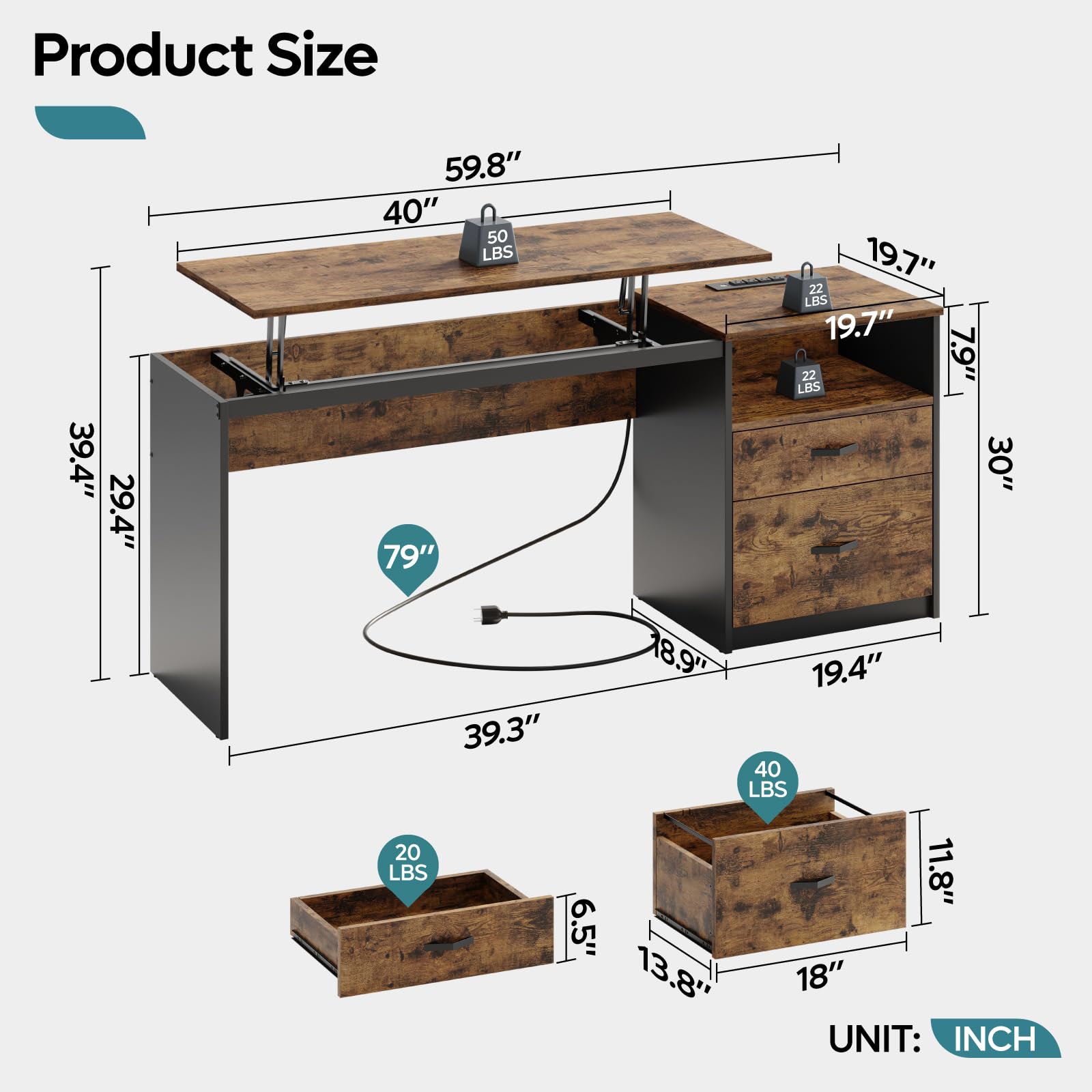 Bestier 60 inch Home Office Desk with Power Outlets, Computer Desk with Drawers, Reversible Desk with File Drawer, Adjustable Height Desk with Storage for Home Office, Brown
