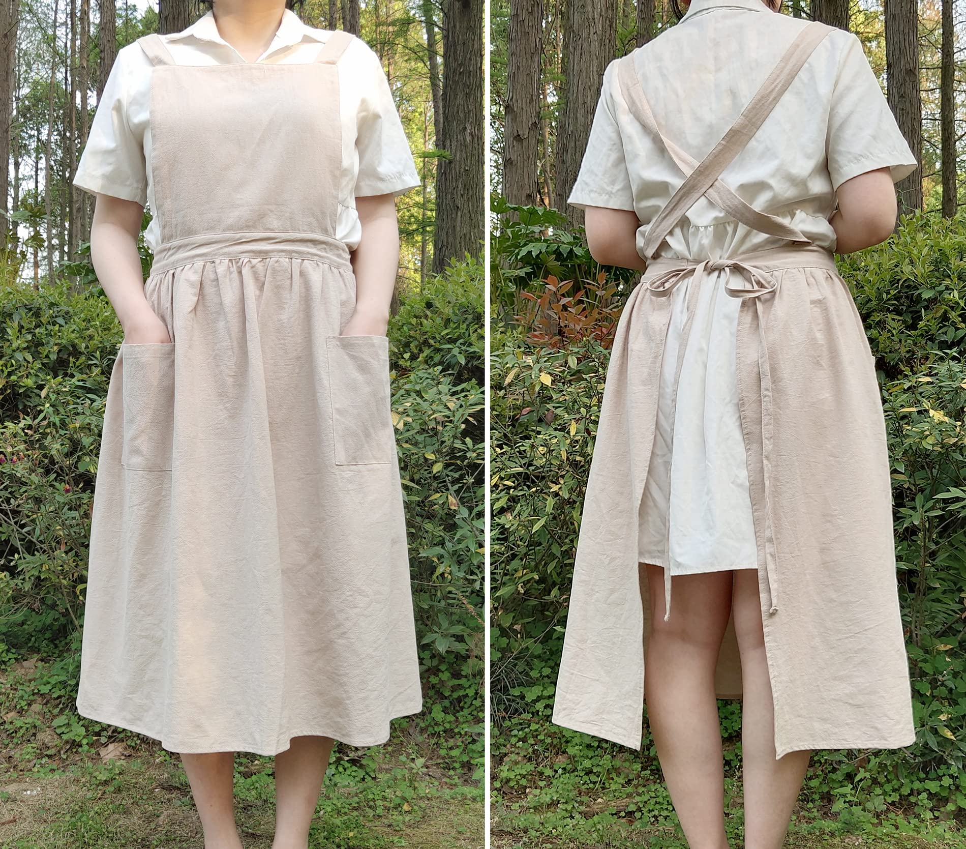 Cute Retro Cotton Linen X-Back Aprons Home Kitchen Garden Art Painting Pinafore Florist Shop Overalls (Beige, 39L)