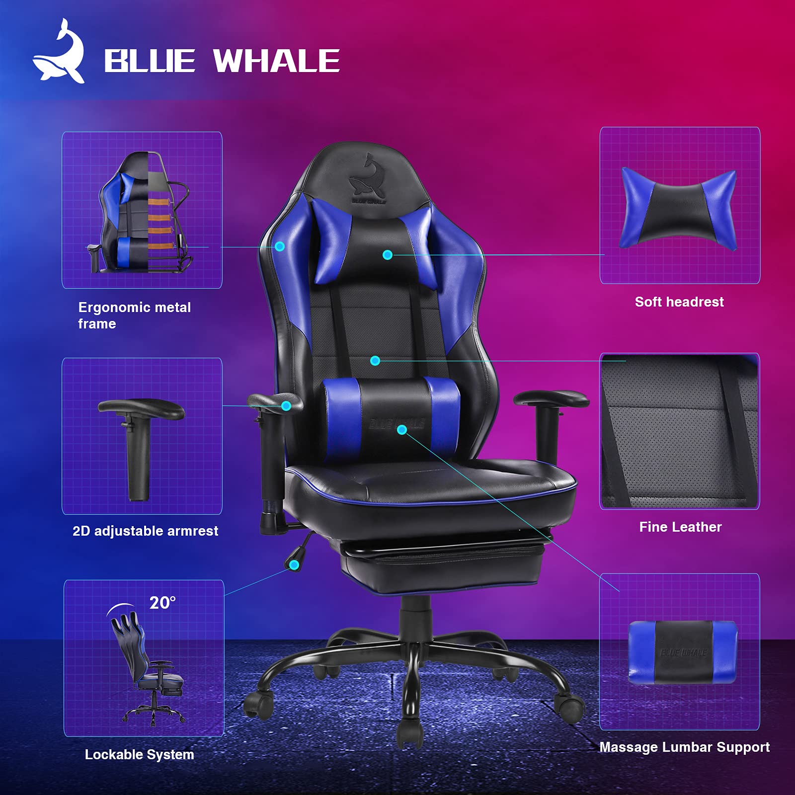 Blue Whale Massage Gaming Chair High Back Racing Computer Desk Chair Swivel Ergonomic Executive Leather Office Chairs with Adjustable Armrests and Footrest
