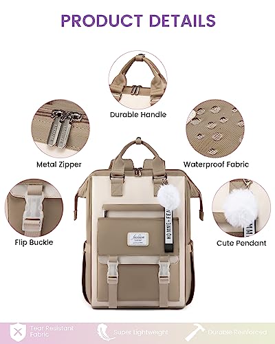 LOVEVOOK Laptop Backpack for Women,15.6 Inch College Backpack,Light Weight Travel Backpack Waterproof Casual Daypack Computer Backpack fits Travel Work Casual(Coffee&Beige)