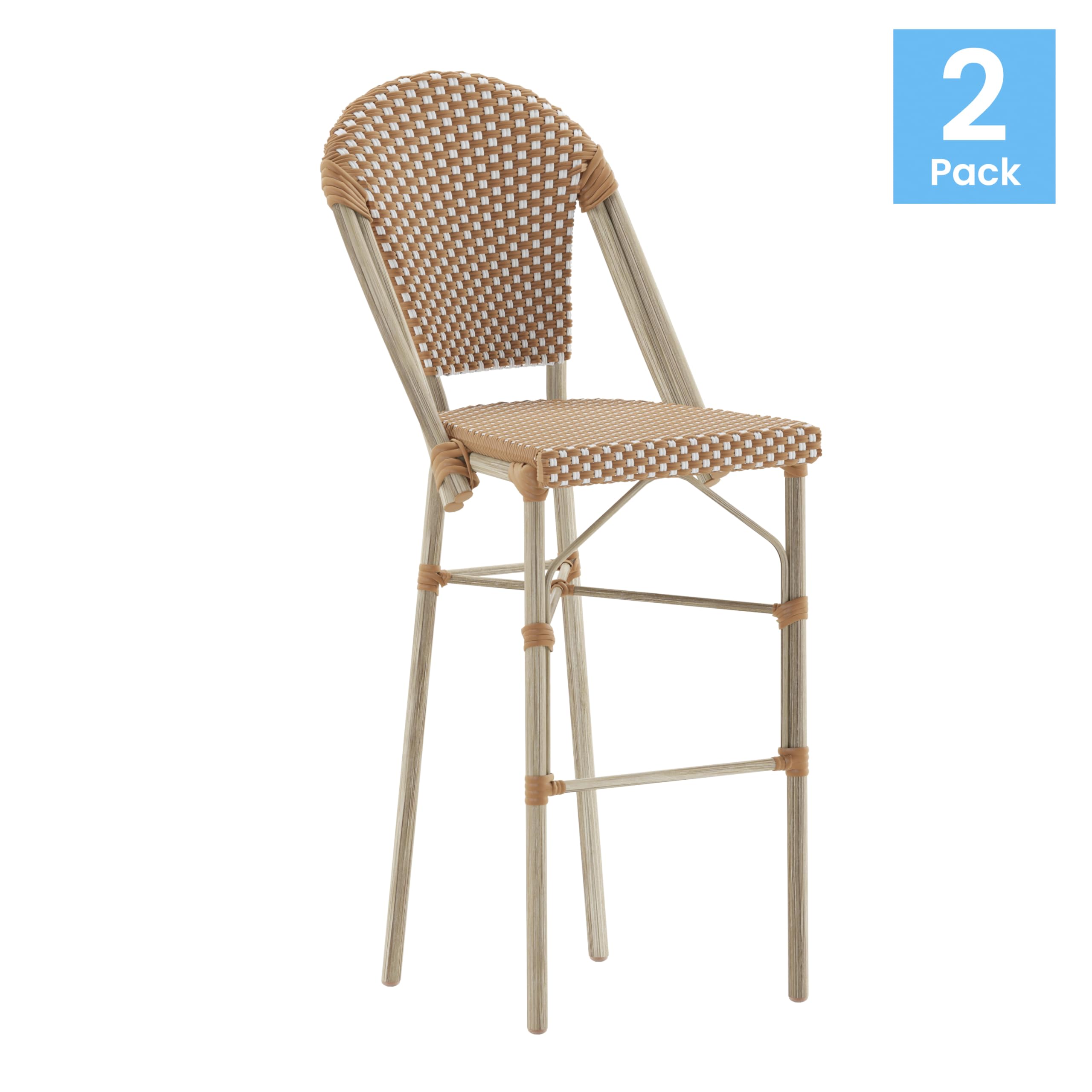 Flash Furniture Lourdes Commercial Grade Bistro Barstool, Stackable Indoor/Outdoor Dining Stool, 30"High, Natural/White & Light Natural Finish, Set of 2