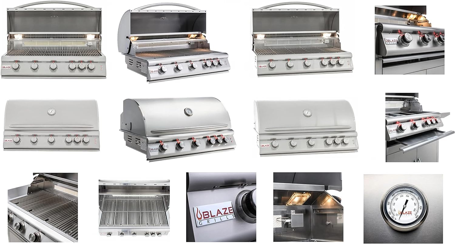 BLAZE BBQ Outdoor Gas Grill Package of 40β LTE Built-in Gas Grill, Dop-In Single Side Burner, 32β Door & Two Drawers Combo, Roll Out Double Trash Drawer, 20β Compact Refrigerator, and Accessories