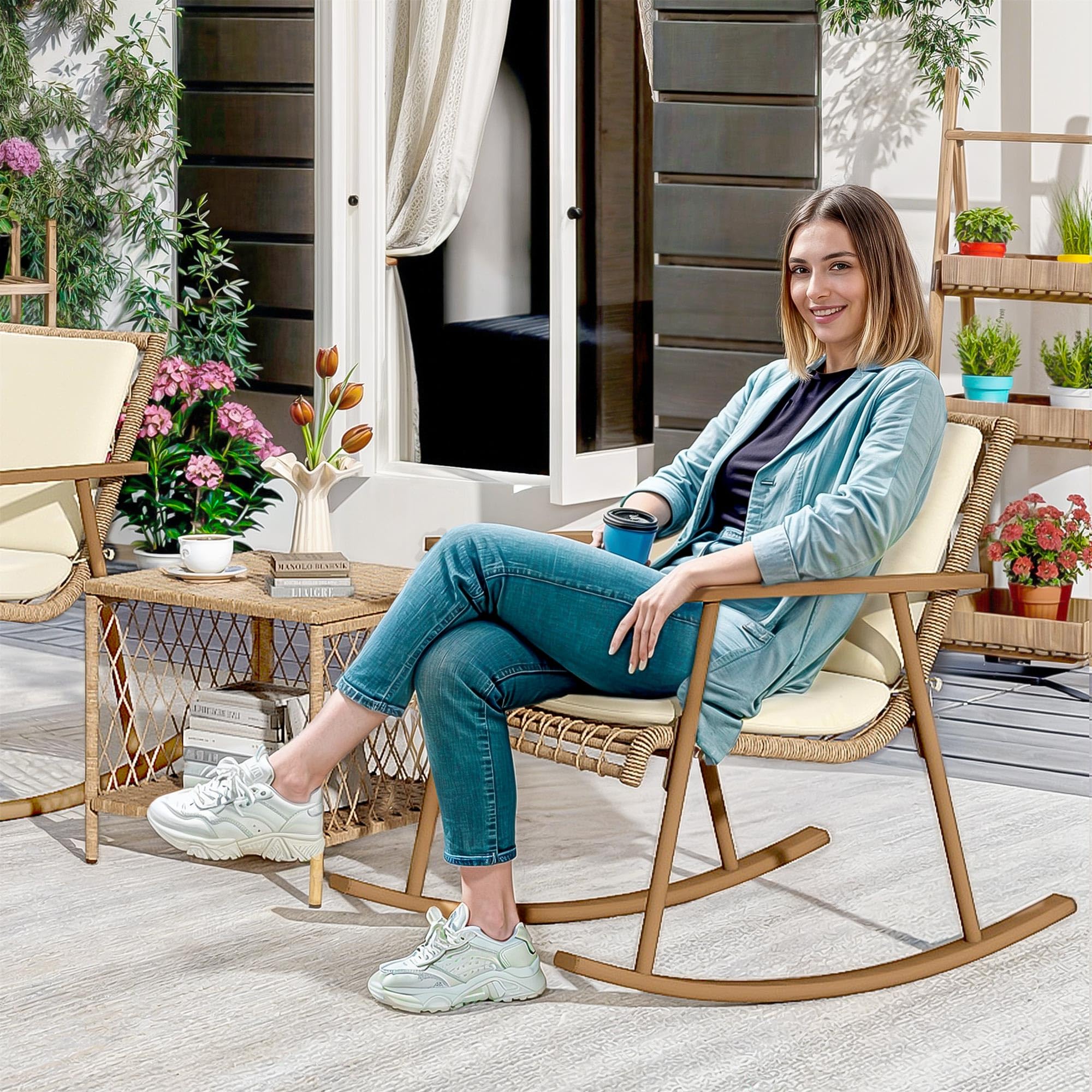 DWVO 3 Pieces Rocking Wicker Bistro Set, Patio Outdoor Conversation Sets with 2-Tier Coffee Table, Oversize Rattan Furniture Set for Garden Backyard Balcony, Beige