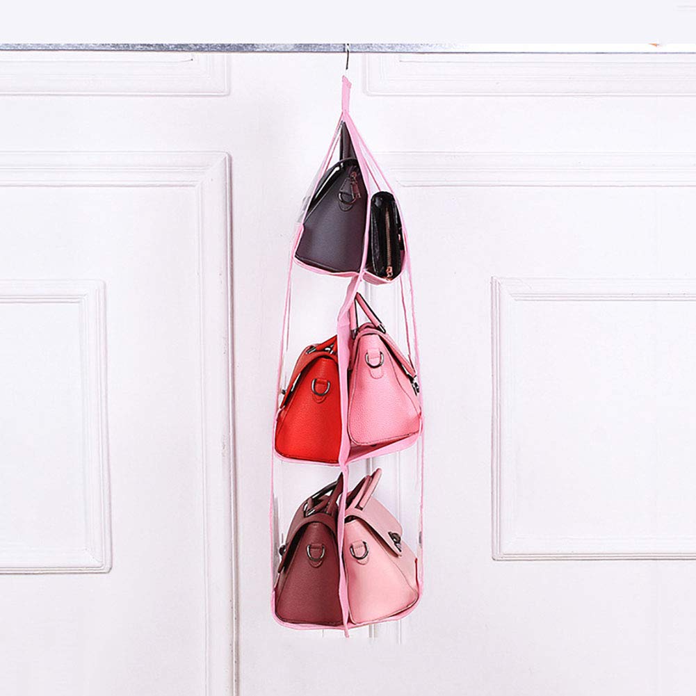 Luck Dawn Hanging Handbag Purse Organizer - Transparent Dust-Proof Wardrobe Closet Storage Bag for Clutch with 6 Larger Pockets (Pink)