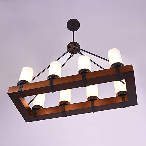 NIUYAO Industrial 8-Lights Pendant Light Wood Island Lighting Vintage Style Rectangular Chandelier Rustic Ceiling Lamp with Alabaster Glass Shade for Dining Room Kitchen Living Room 487111