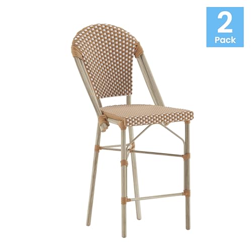 Flash Furniture Lourdes Commercial Grade Bistro Counter Stool, Stackable Indoor/Outdoor Dining Stool, 26"High, Natural/White-Light Natural Finish, Set of 2