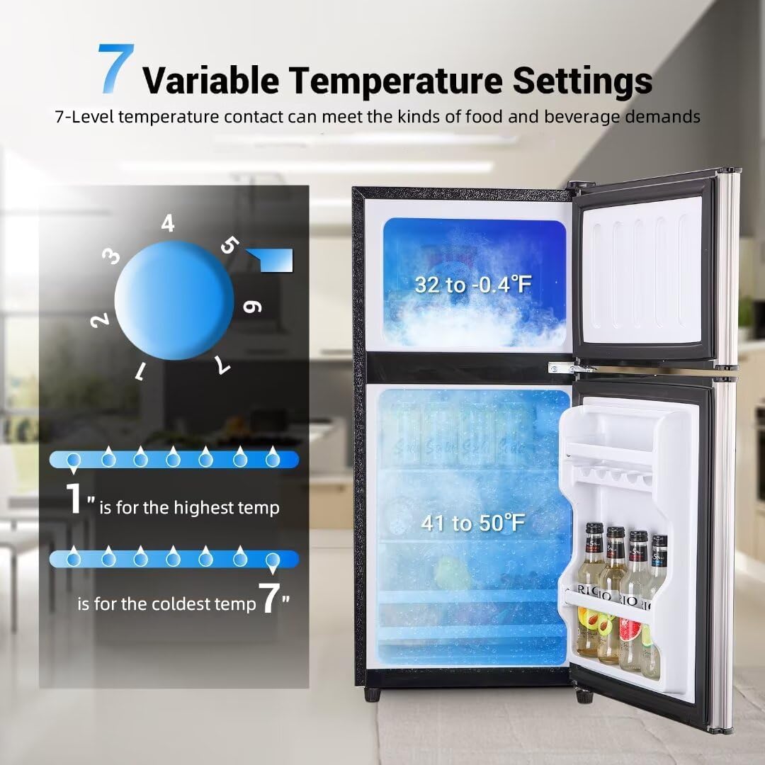 Geekman 3.5 Cu.Ft Mini Fridge with Freezer, Double Door Mini Fridger with 7 Level Adjustable Thermostat, Mini Refrigerator with interior LED light, Perfect for Dorm, Office, Bedroom&RV, Silver