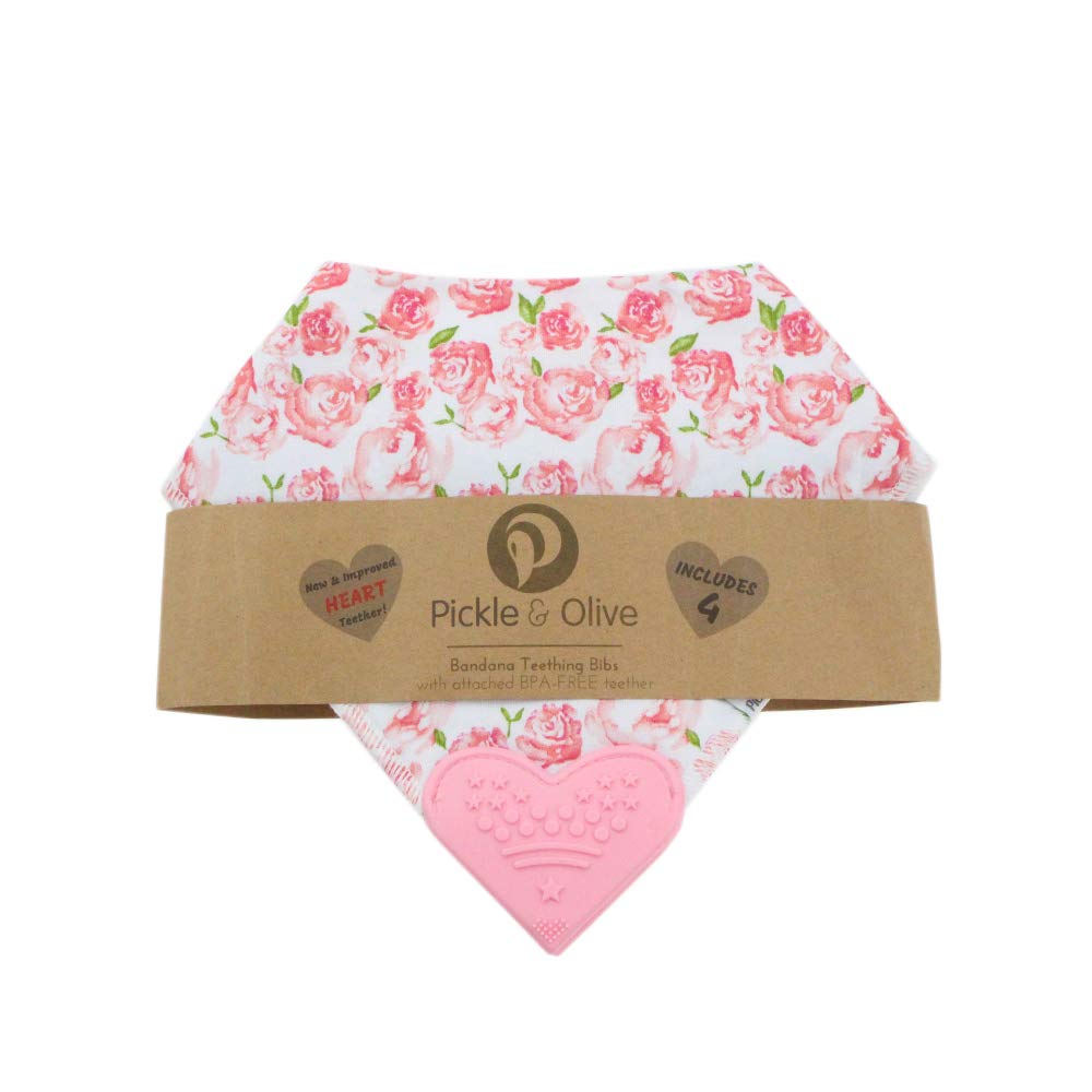 Pickle & Olive Baby Bandana Teething Bibs with Attached Teether- Set of 4 - Floral