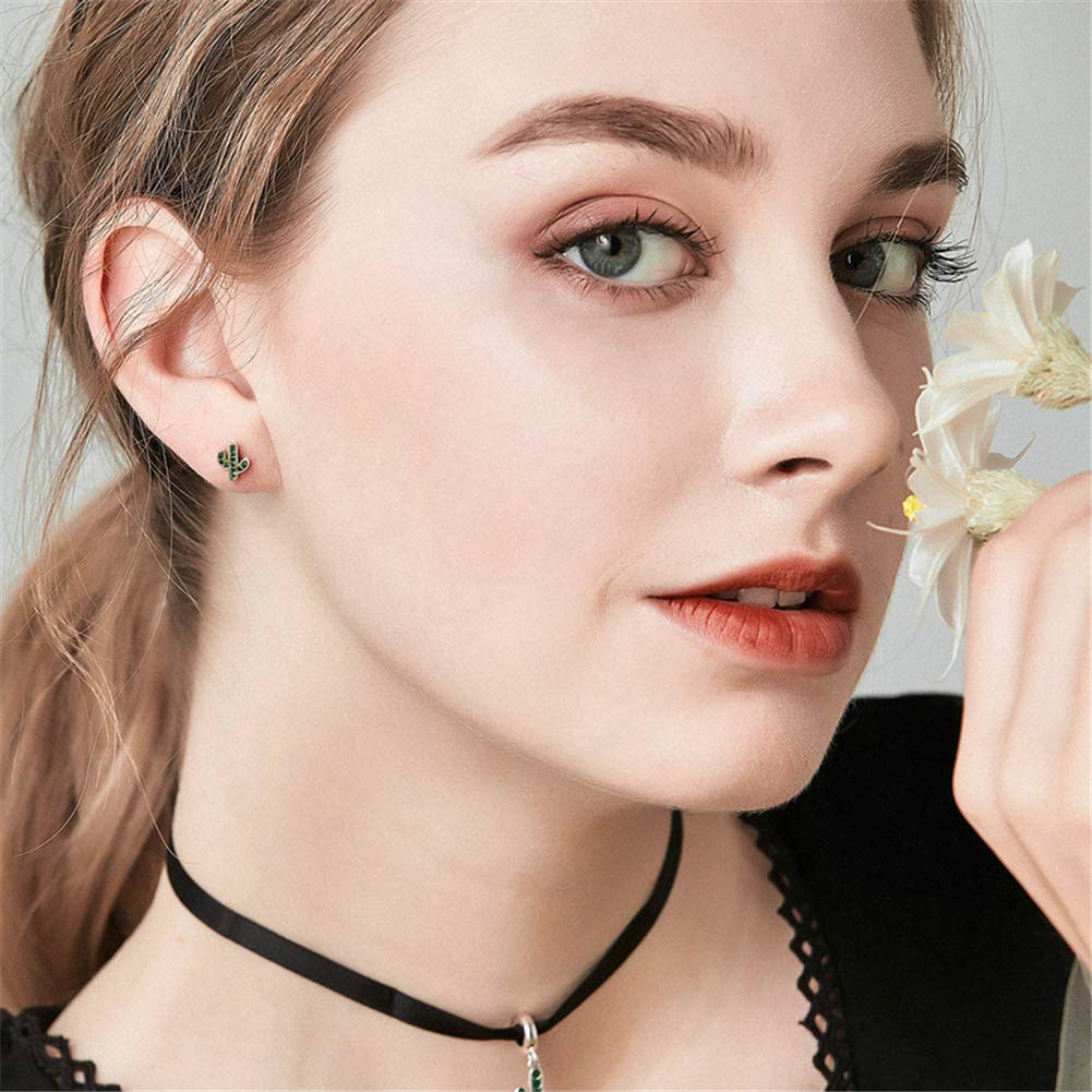 BISAER Cactus 925 Sterling Silver Stud Earrings with Green Cubic Zirconia, Green Plants Post Stud Earring Hypoallergenic Jewelry for Women