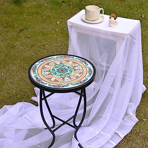 Elevon 14 Inch Round Side Ceramic Tile Top Indoor and Outdoor Accent Table, Pineapple