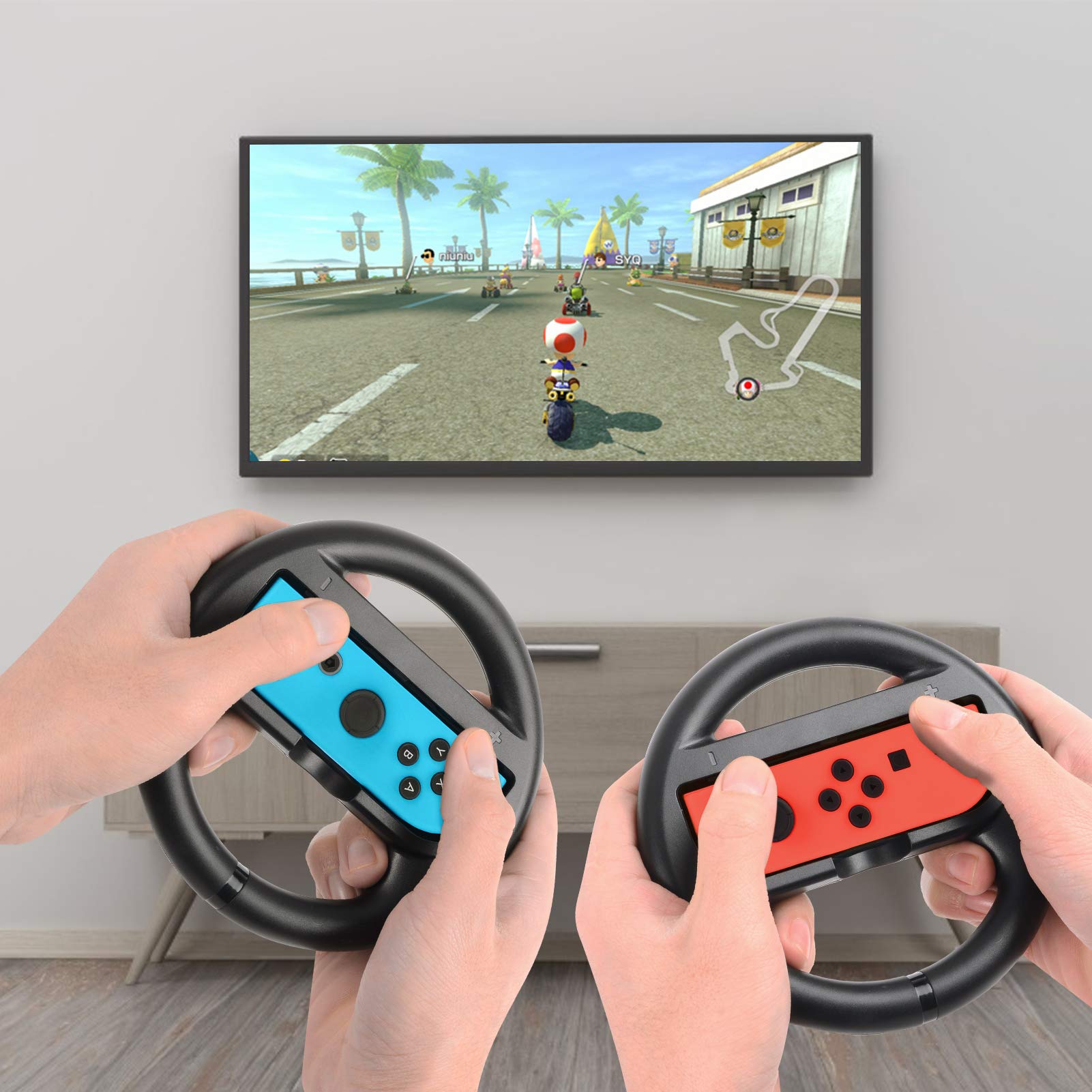 Beastron Racing Games Steering Wheel & Grips compatible with Switch Mario Kart, Joy-Con Steering Wheel & Grips, Red & Blue 4 Pack