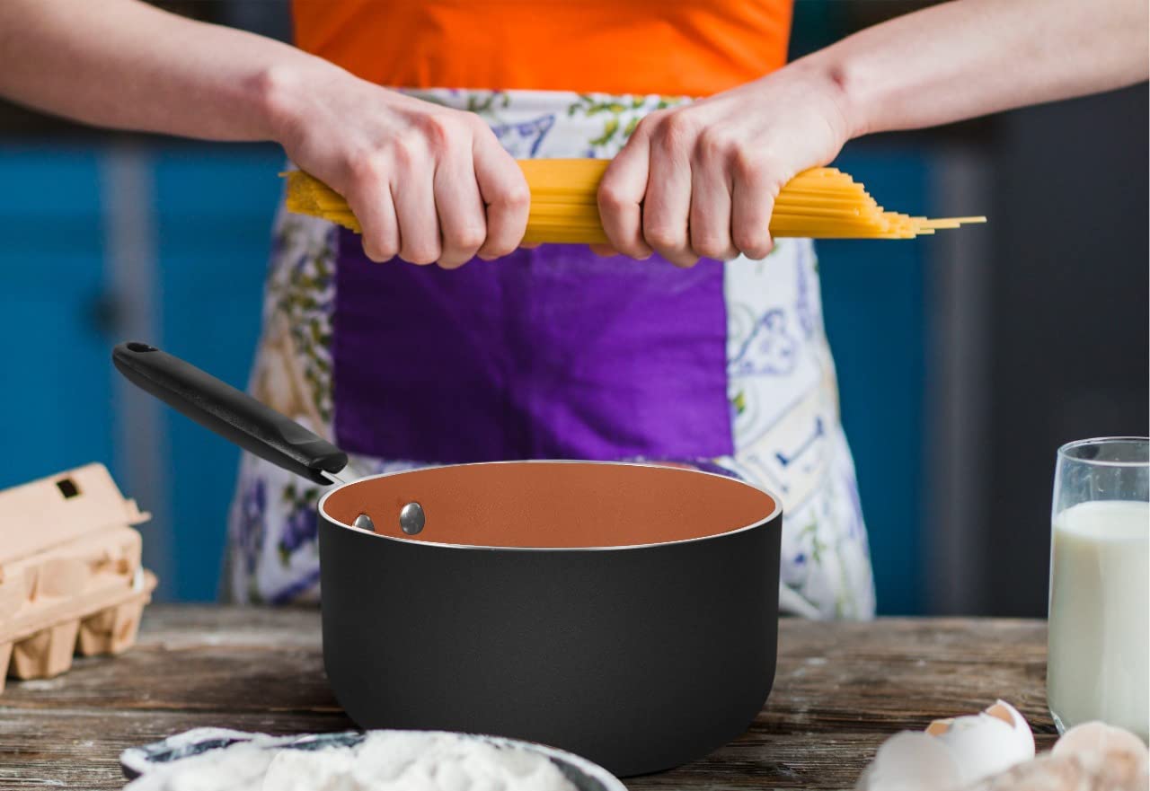 Clover Supply Co. Nonstick Saucepan Set with Lids Pots - Multipurpose Use for Home Kitchen or Restaurant - Glass Lids - 1 Quart and 2 Quart, Copper