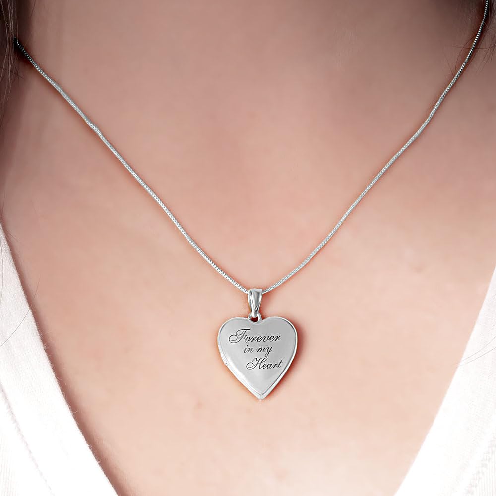 PicturesOnGold.com Forever in My Heart Locket Necklace for Women That Hold Pictures & Engraving in Personalized Sterling Silver (Locket + 1 Photo).