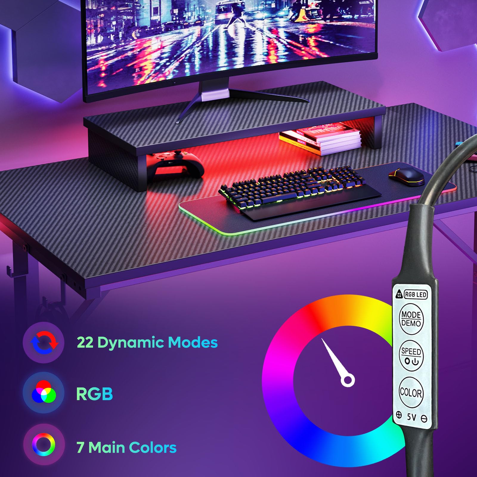 Bestier Small Gaming Desk with Monitor Stand, 42 inch LED Computer Desk, Gamer Workstation with Cup Holder & Headset Hooks, Modern Simple Style Desk for Home Office, Carbon Fiber Black