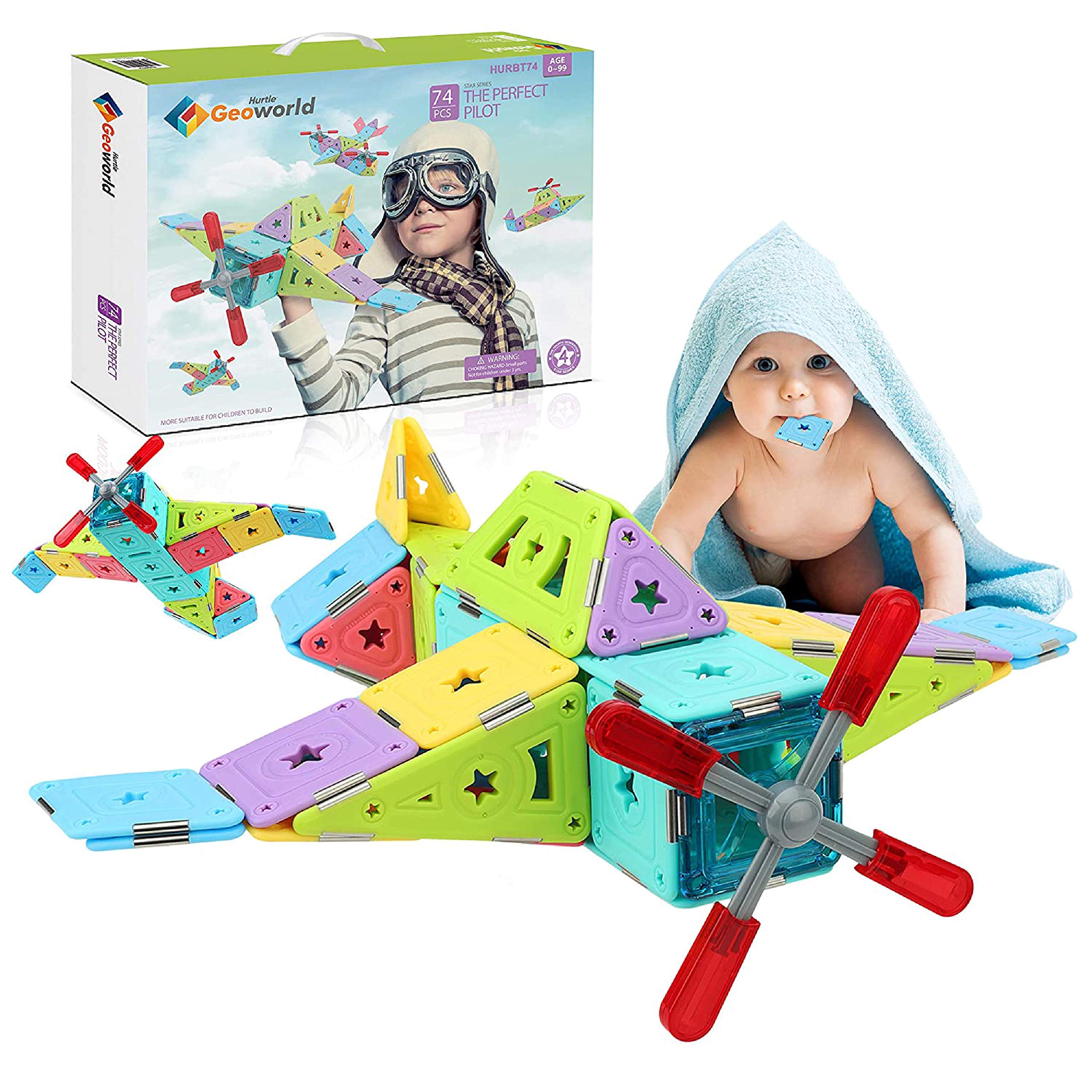 Magnetic Building Blocks For Kids - Preschool Learning Toys Shapes Block Educational Magnet Tiles Kids Toy Set - Durable Non-Toxic Magnetic Blocks For Toddlers 6 Months & Up - Hurtle HURBT74 (74 pcs)