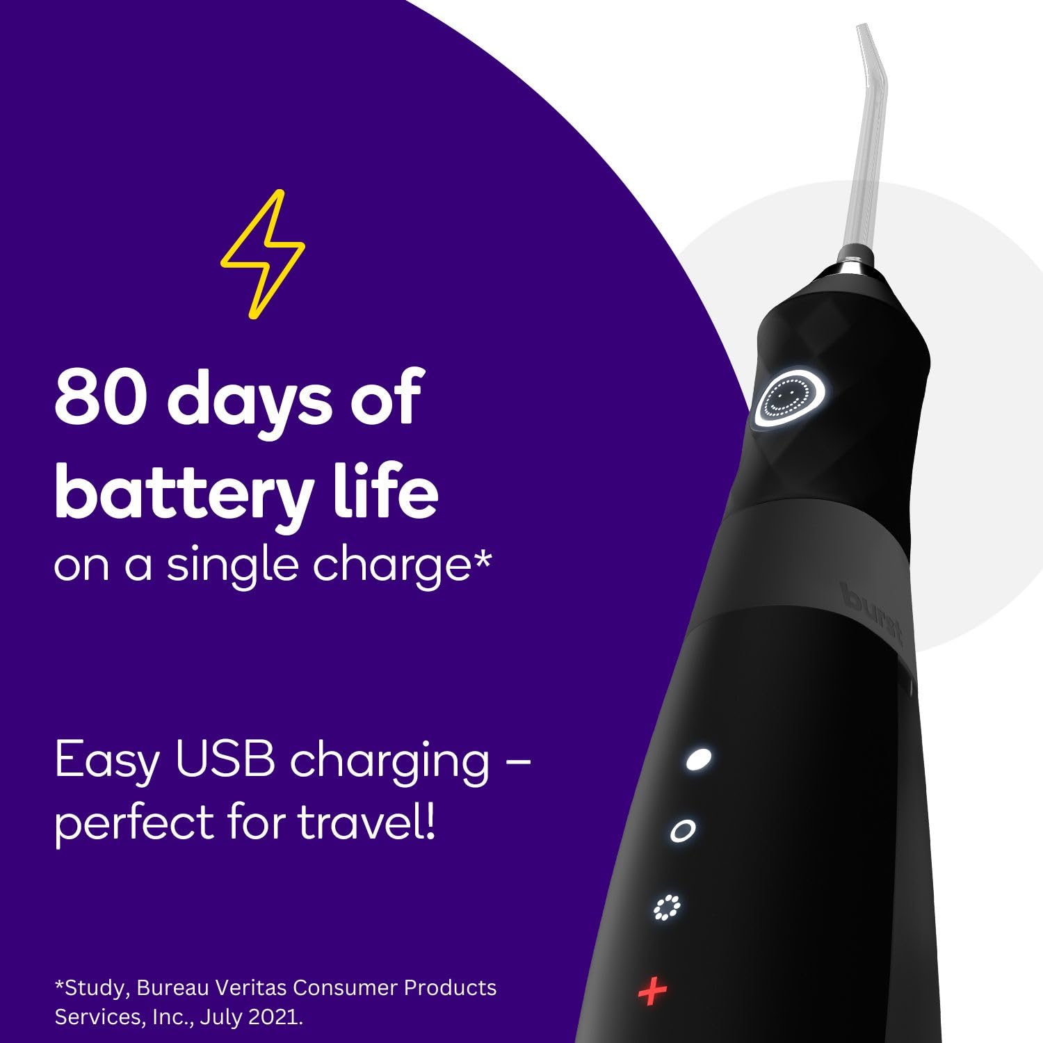 BURST Water Flosser – Electric Cordless Water Floss – 3 Modes, 3 Tips, 80-Day Rechargeable Battery, Waterproof – Portable for Travel - Refillable Water Picks for Teeth Cleaning and Braces – Black