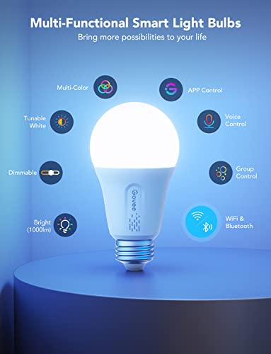Govee Smart A19 LED Light Bulbs, 1000LM RGBWW Dimmable, Wi-Fi & Bluetooth Color Changing Light Bulbs, Works with Alexa & Google Assistant No Hub Required, 75W Equivalent Smart Bulbs, 2 Pack