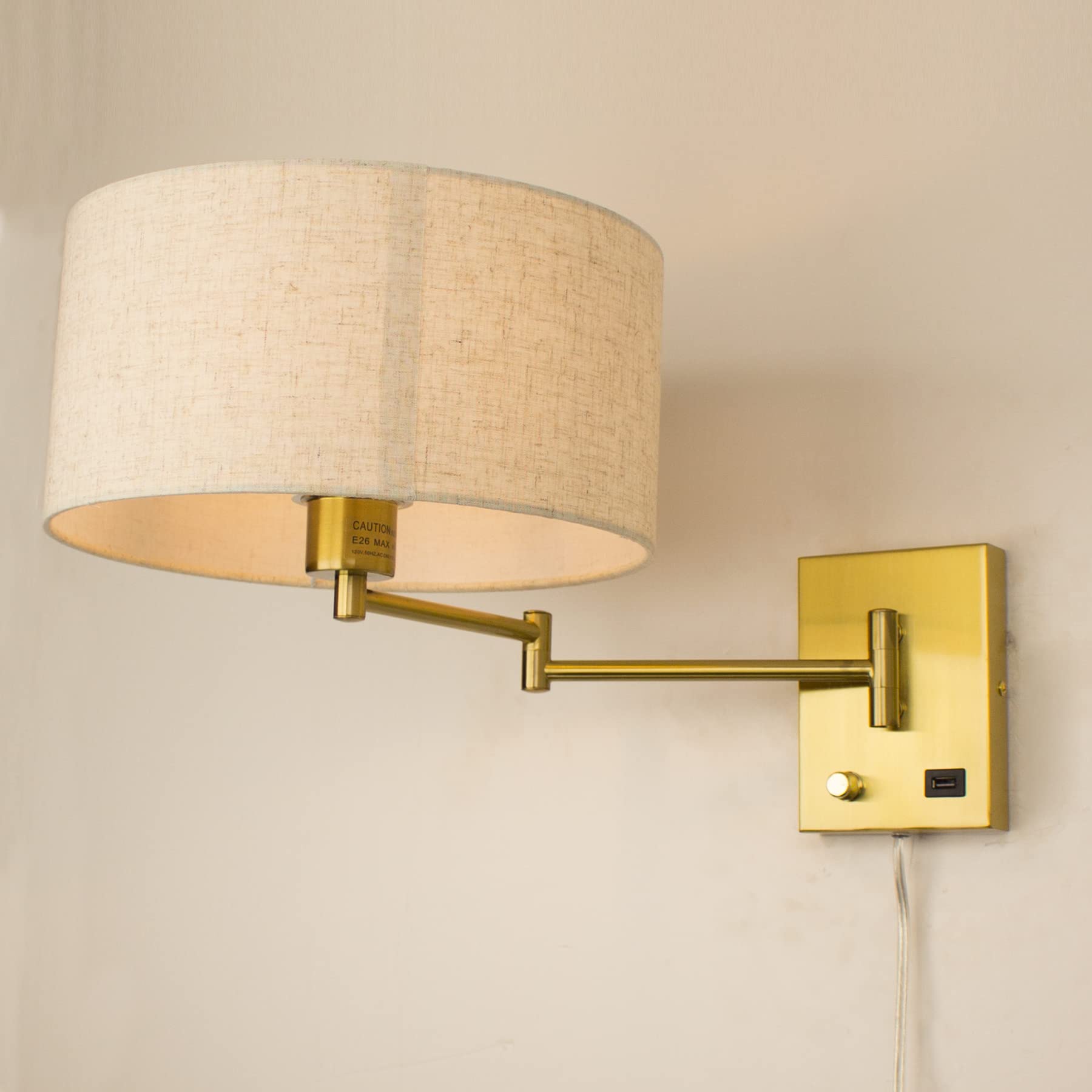 beatineon Elegant Antique Bronze Wall Sconces Set of Two - Dimmable, Swing Arm Lights for Bedroom with On/Off Dimmer Rotary Switch - Plug in or Hardwired Sackcloth Shade Wall Lamp with 6ft Cord