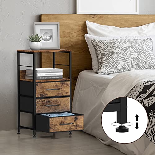 NORCEESAN Nightstand with Drawers, Bedroom Side Table Night Stand with Storage Shelf End Table with Fabric Storage Industrial Bedside Table for Living Room Dorm, Rustic Brown and Black