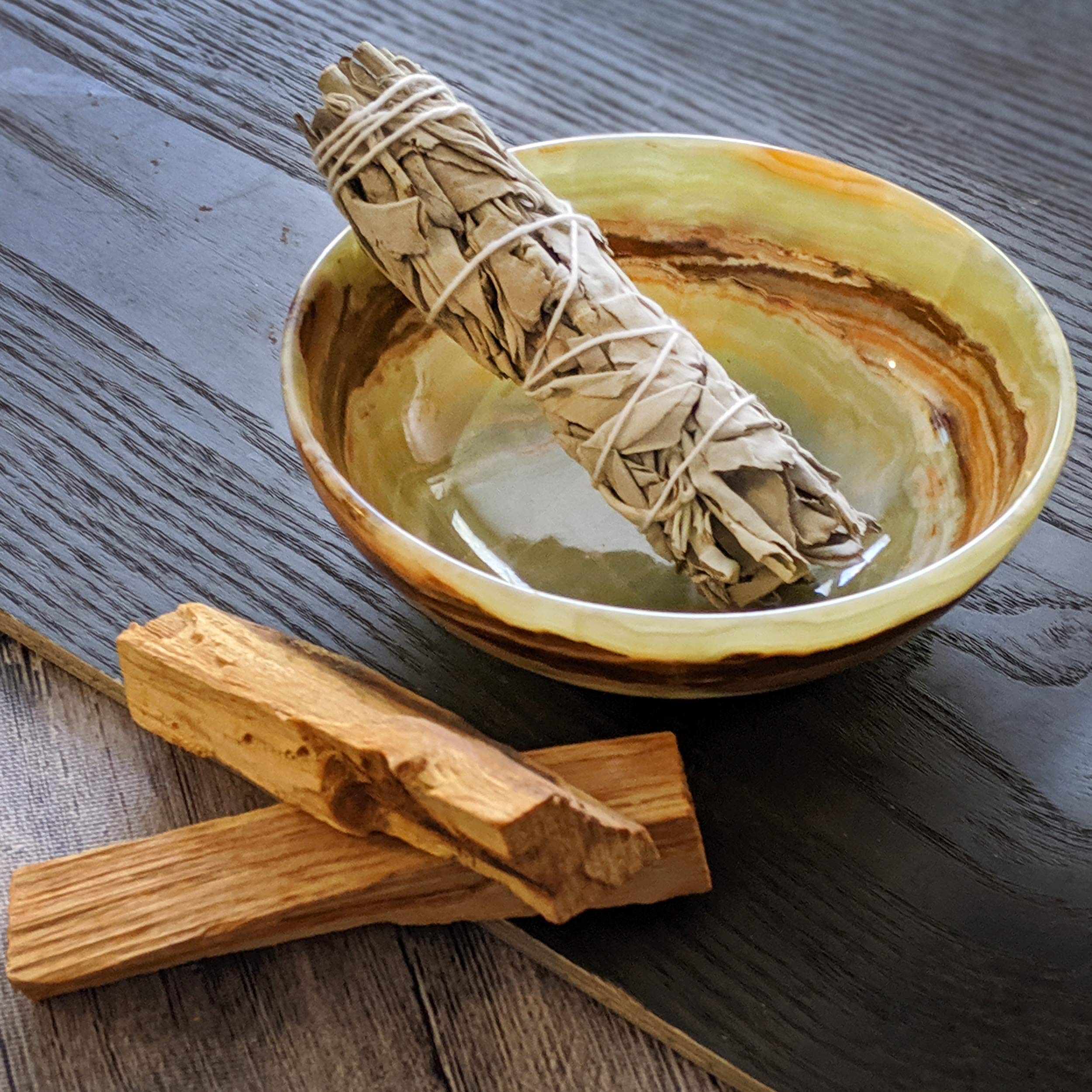 Blessed Ember Natural Stone Green Calcite Crystal Gemstone Smudge Bowl with Garden Sage and 2 Palo Santo Sticks