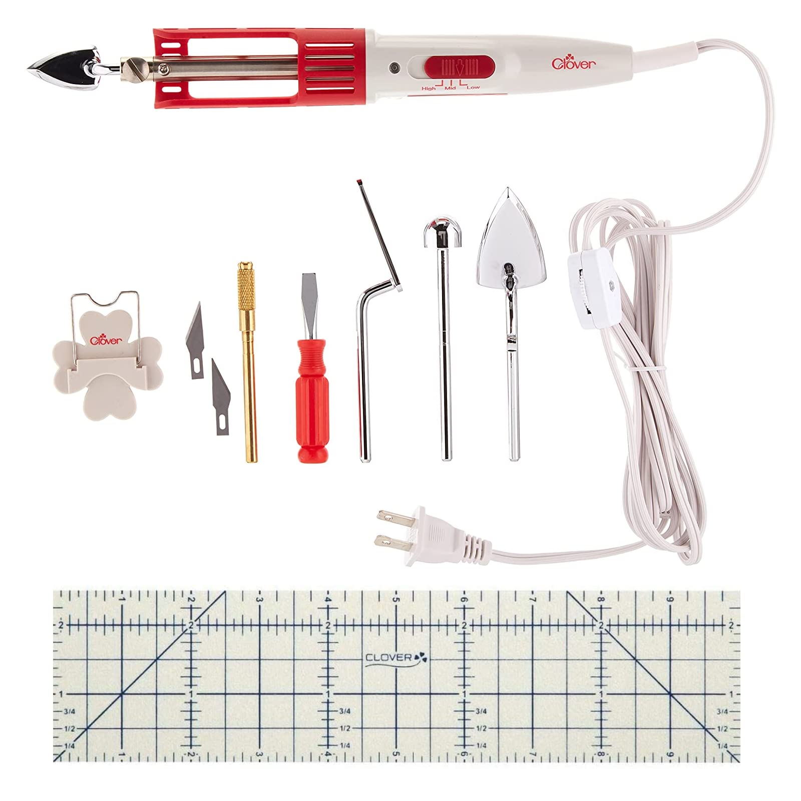 Clover Mini Iron II "The Adapter Set" with 5 Interchangeable Tips and Hot Hem Ruler Bundle for Sewing, Press Ironing, Quilting & Floral & Paper Crafting