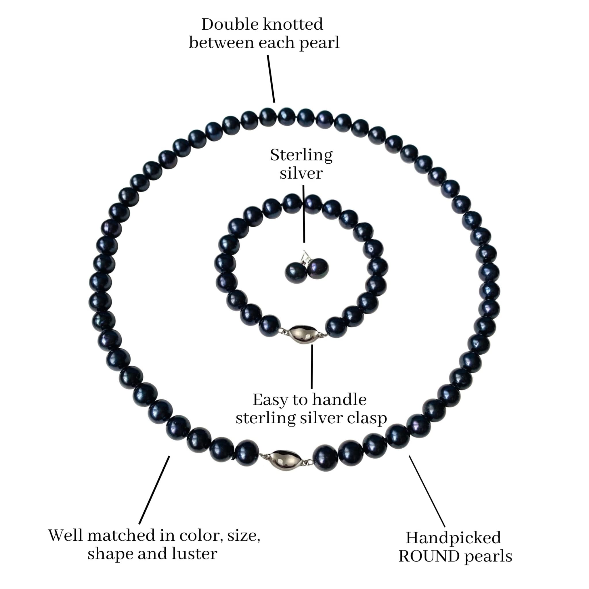 Pearl Romance ROUND Black Strand Pearl Necklace Bracelet Stud Earrings 3pc set 16 Inch Choker Length Genuine Cultured Freshwater Large 9mm 10mm