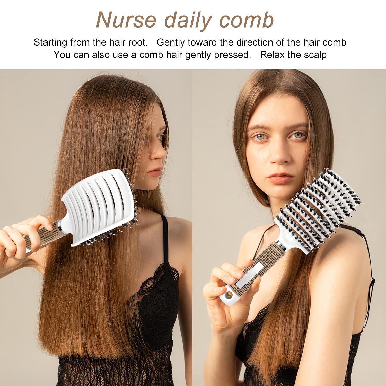 Boar Bristle and Nylon Curved Vented Hair Brush for Fast Blow Drying Detangling and Head Massage Hair Styling (White)