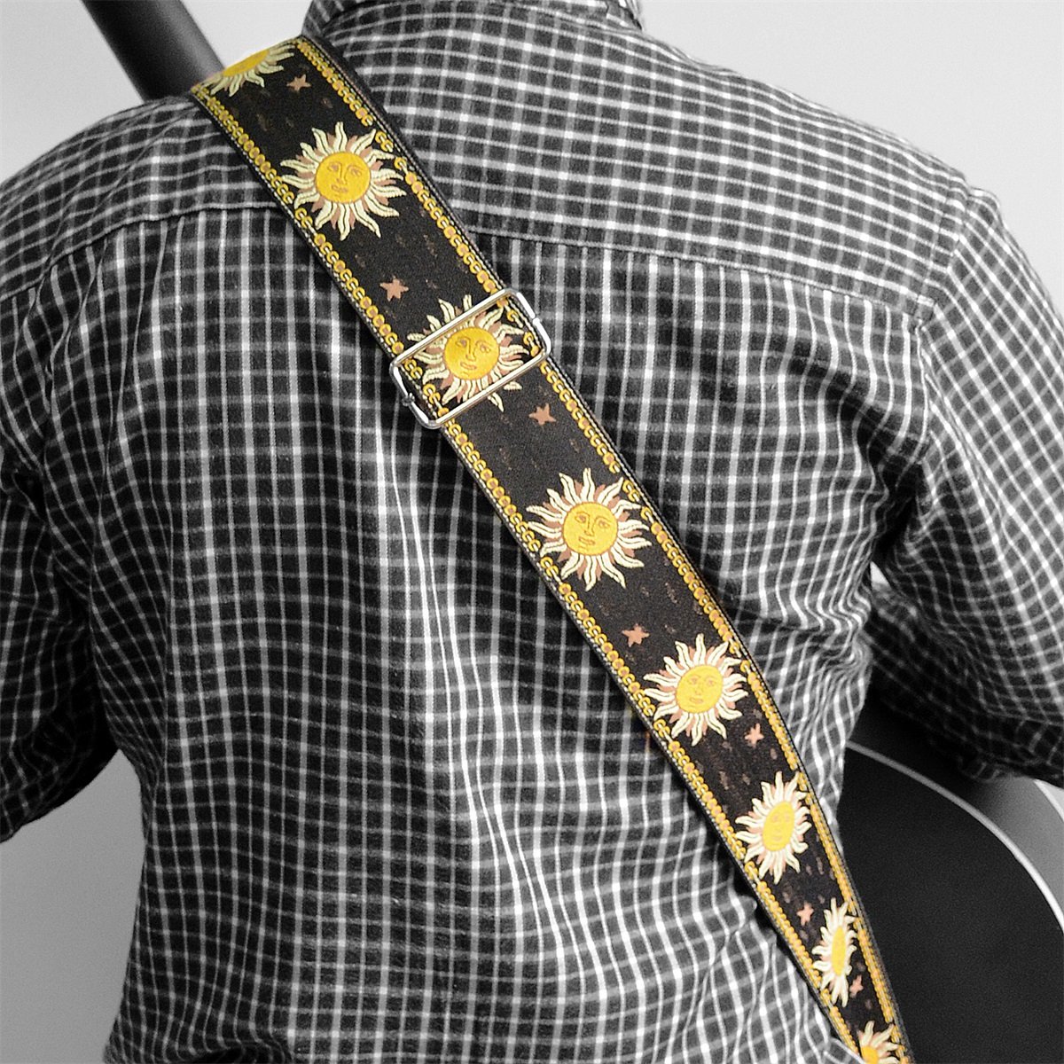 BestSounds C-150 Leather Adjustable Guitar Strap, Sun Jacquard Weave For Bass Electric and Acoustic Guitars, Black