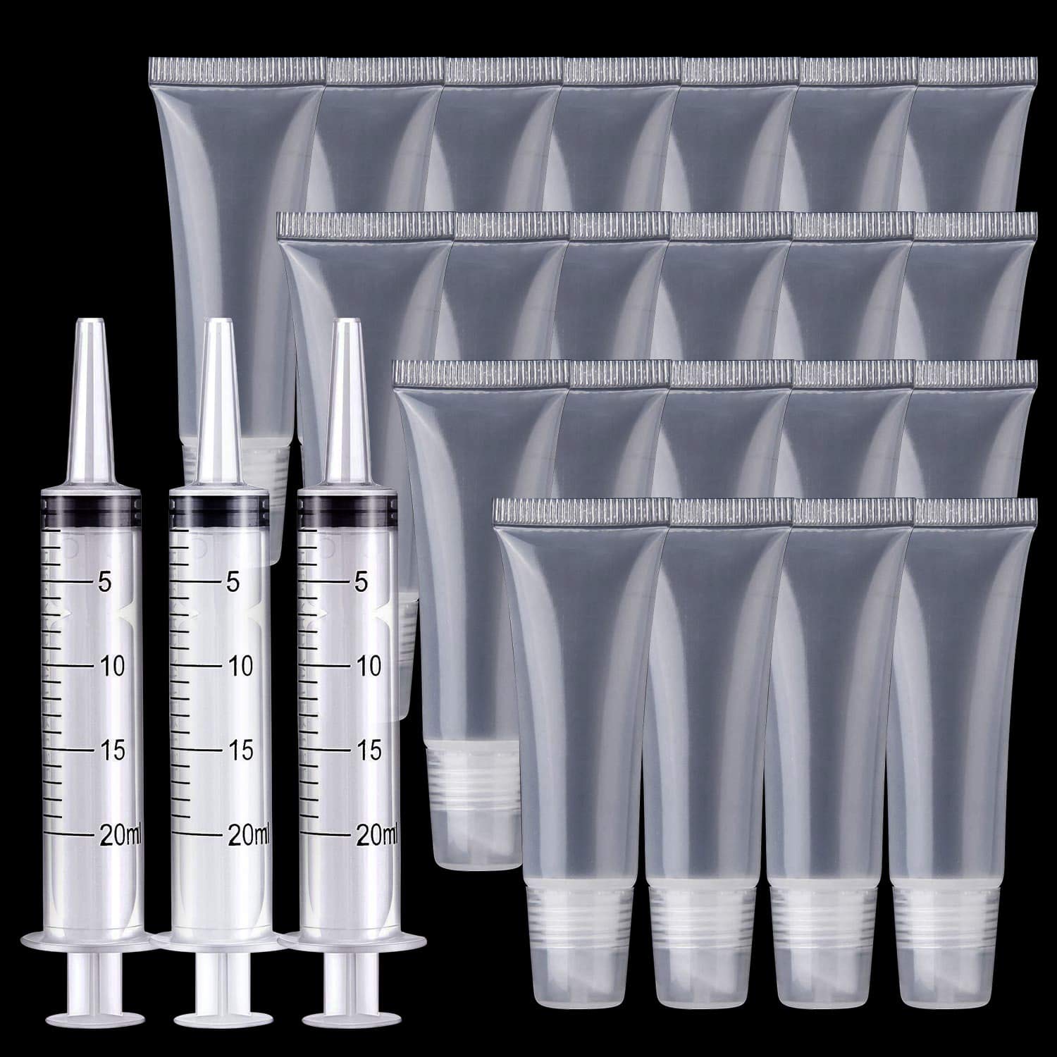 BAGTeck 25Pcs Lip gloss Empty Tubes Containers(10ml),20ml Plastic Syringe Dispensing,Refillable Empty Tubes Clear Cosmetic Containers Soft Tube,For Women &Girls DIY Lip Gloss Cosmetics
