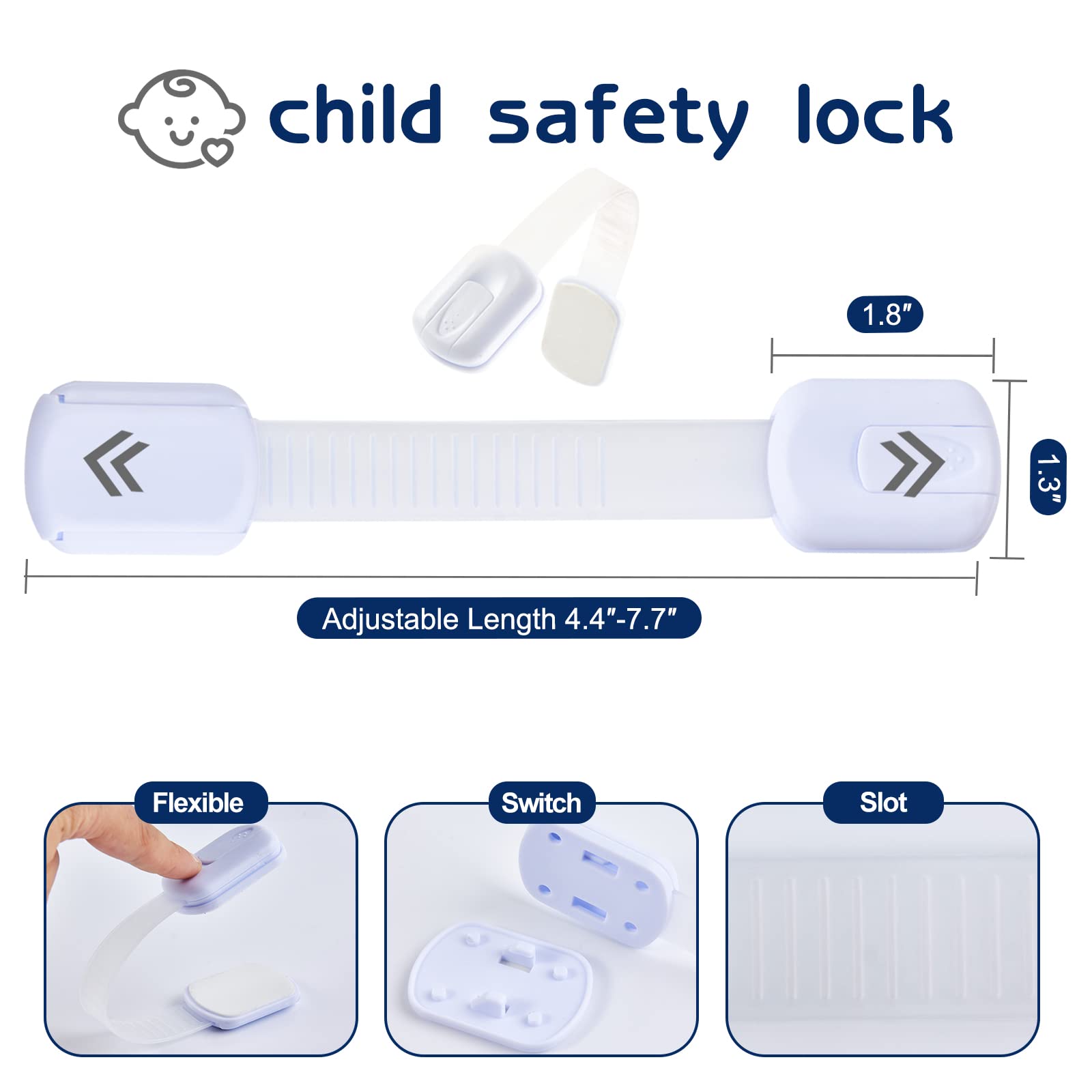 Child Safety Locks (10 Pack White) Baby Locks for Cabinets and Drawers, Toilet, Fridge & More. 3M Adhesive Pads. No Screws & Magnets