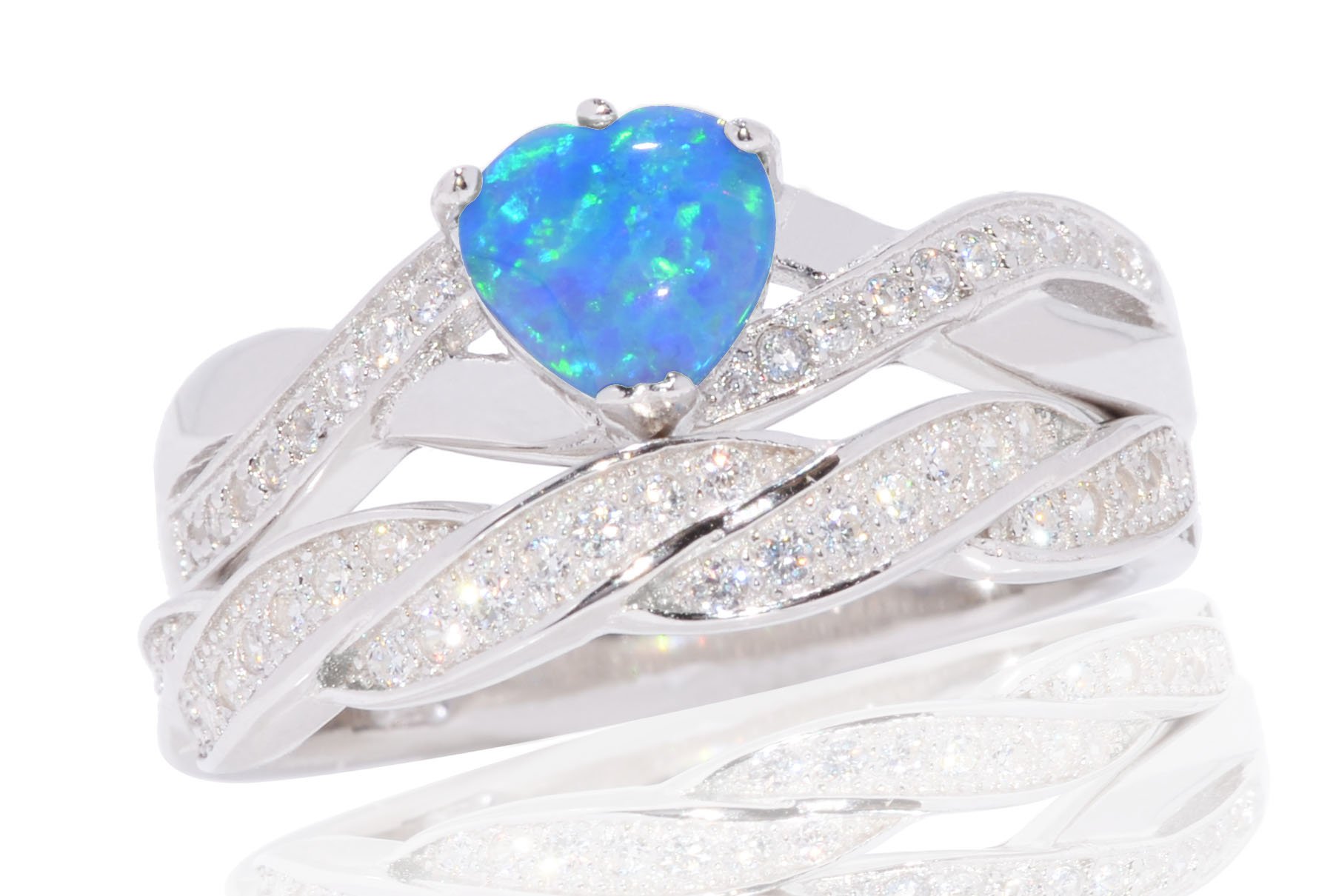 Bijoux Central Heart Cut Simulated Blue Opal Infinity with CZ Ring Set Genuine Sterling Silver