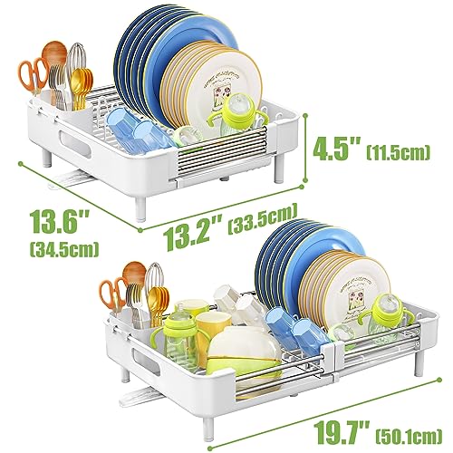 Kitchen Counter Dish Drainers Rack, Auto-Drain Expandable(13.2"-19.7") Stainless Steel Large Strainers Over Sink Drying Rack Drainboard with Utensil Holder Caddy Organizer, White