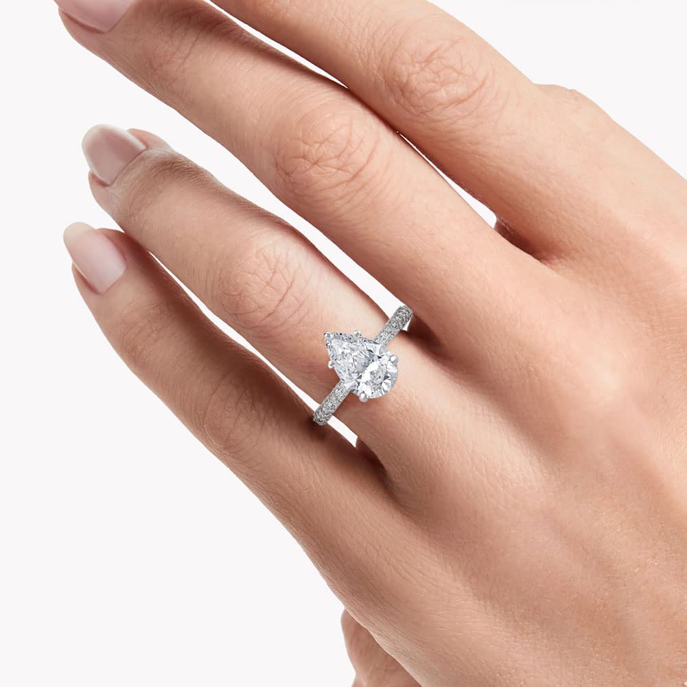 Bo.Dream 3ct Pear Shaped Cubic Zirconia CZ Engagement Rings For Women Platinum Plated Sterling Silver Size 7