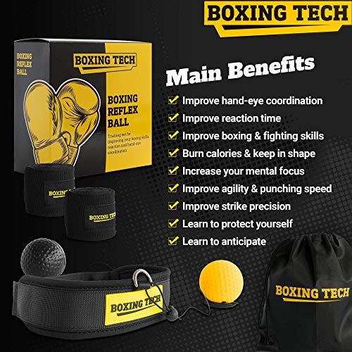 Boxing Reflex Ball Headband Set - Punching Ball on String Adjustable Two Difficulty Level for Training Box Fight MMA Equipment Hand Eye Coordination Speed Reaction with Hand Wraps for Kids and Adults