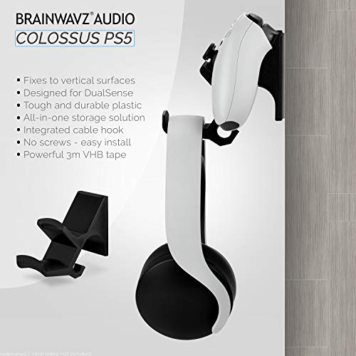 BRAINWAVZ The Colossus [PS5 Edition] DualSense Gamepad Controller & Headphone Hanger Holder Mount for Playstation PS5 Game Controller and Pulse 3D Headset, No Screws, Strong VHB Adhesive (Black)
