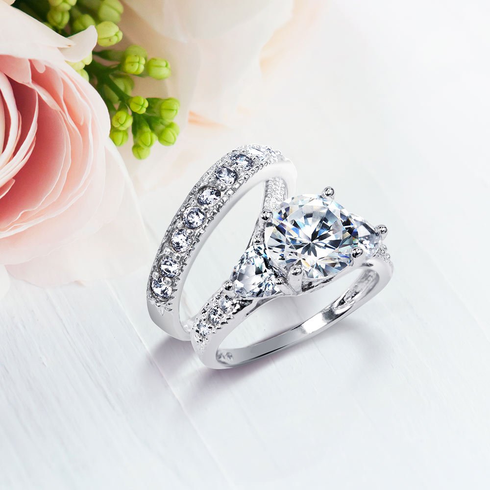 Bling Jewelry 3CT Brilliant Solitaire Cubic Zirconia .925 Sterling Silver AAA CZ Anniversary Wedding Engagement Ring Pave Band Set