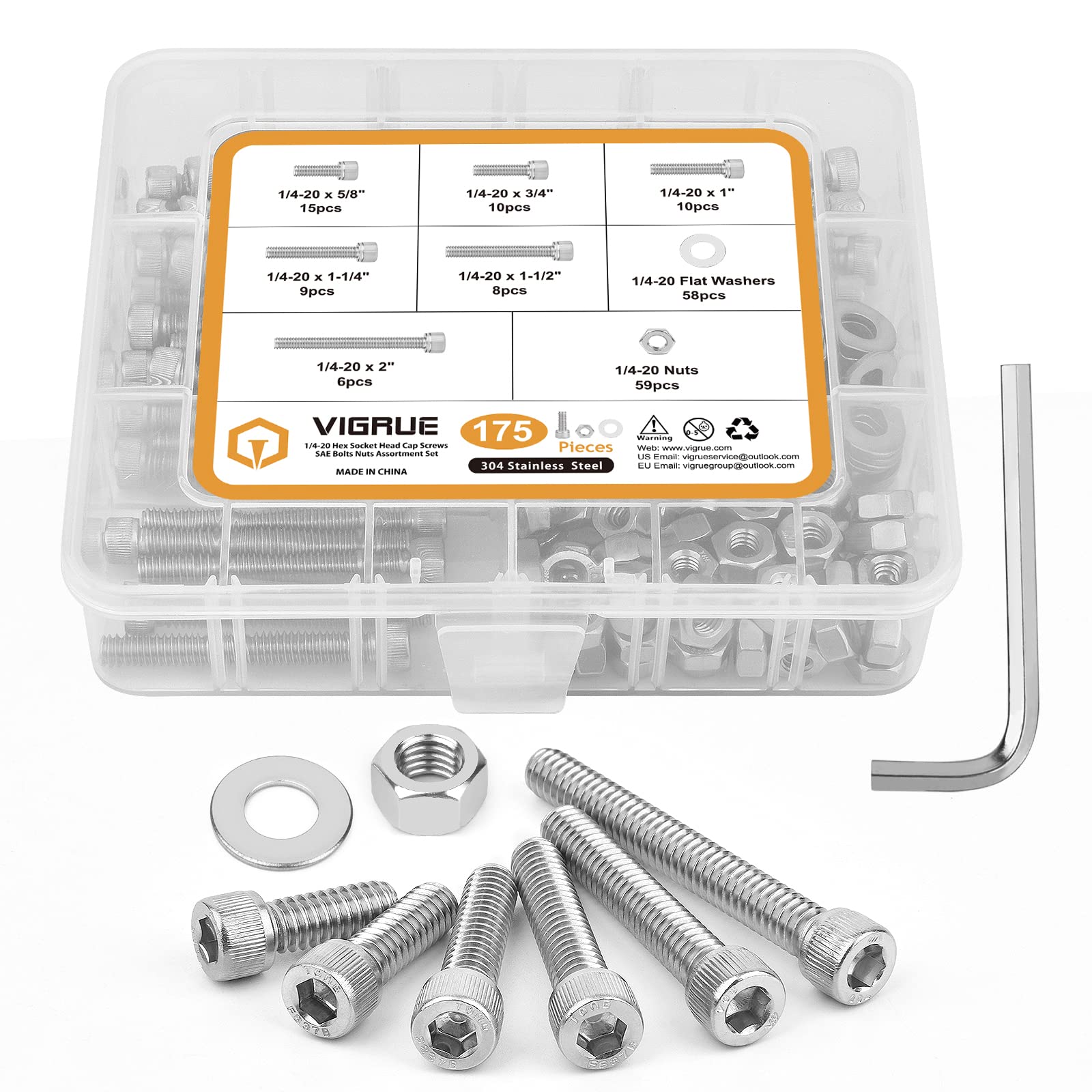 Button Head Screws #8-32 x 1/2'' to 1''and #10-24 x 1/2'' to 1-1/2'', VIGRUE 435PCS 304 Stainless Steel Hex Socket Cap Screws UNC Hexagon Bolts Washers Nuts Assortment Kit Machine Screws Set
