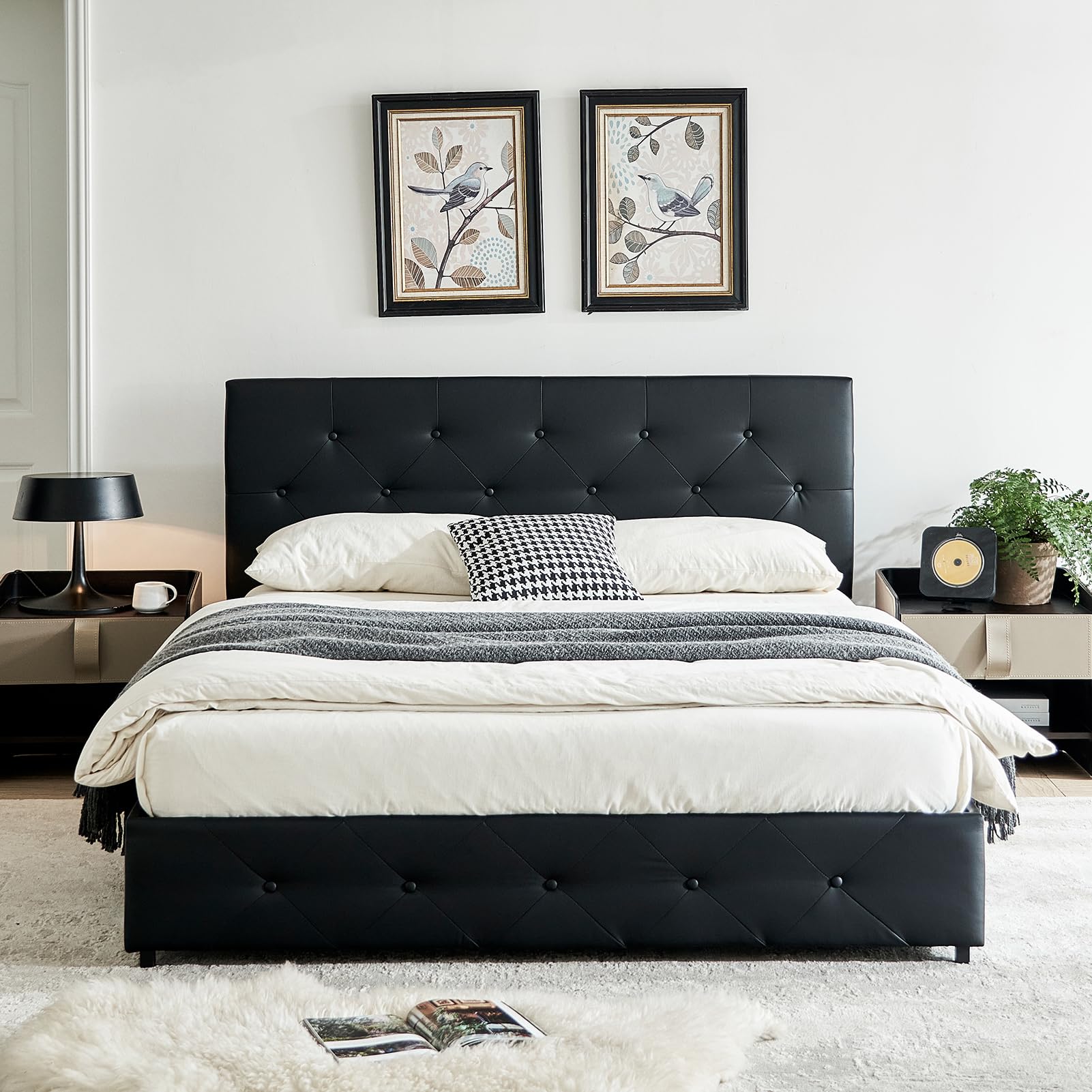 ECHINGLE King Size Bed Frame, 4 Storage Drawers and Faux Leather Upholstered Headboard, Diamond Stitch Button Tufting, Mattress Base with Wood Slat Support, No Box Spring Required,Black