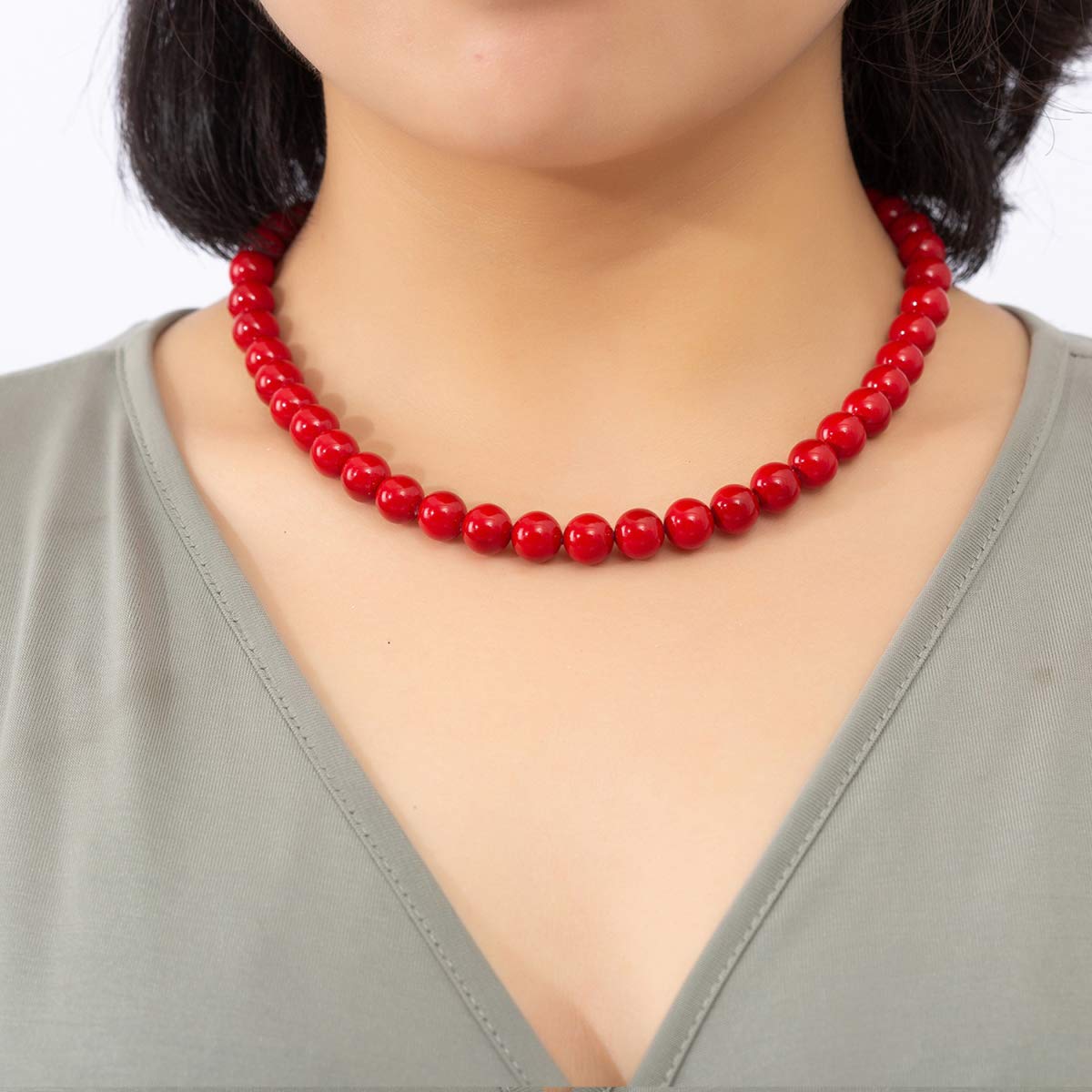 LUREME Fashion Style Pearl Elastic Necklace Bracelet Dangle Earring Set-Red(09000649-7)
