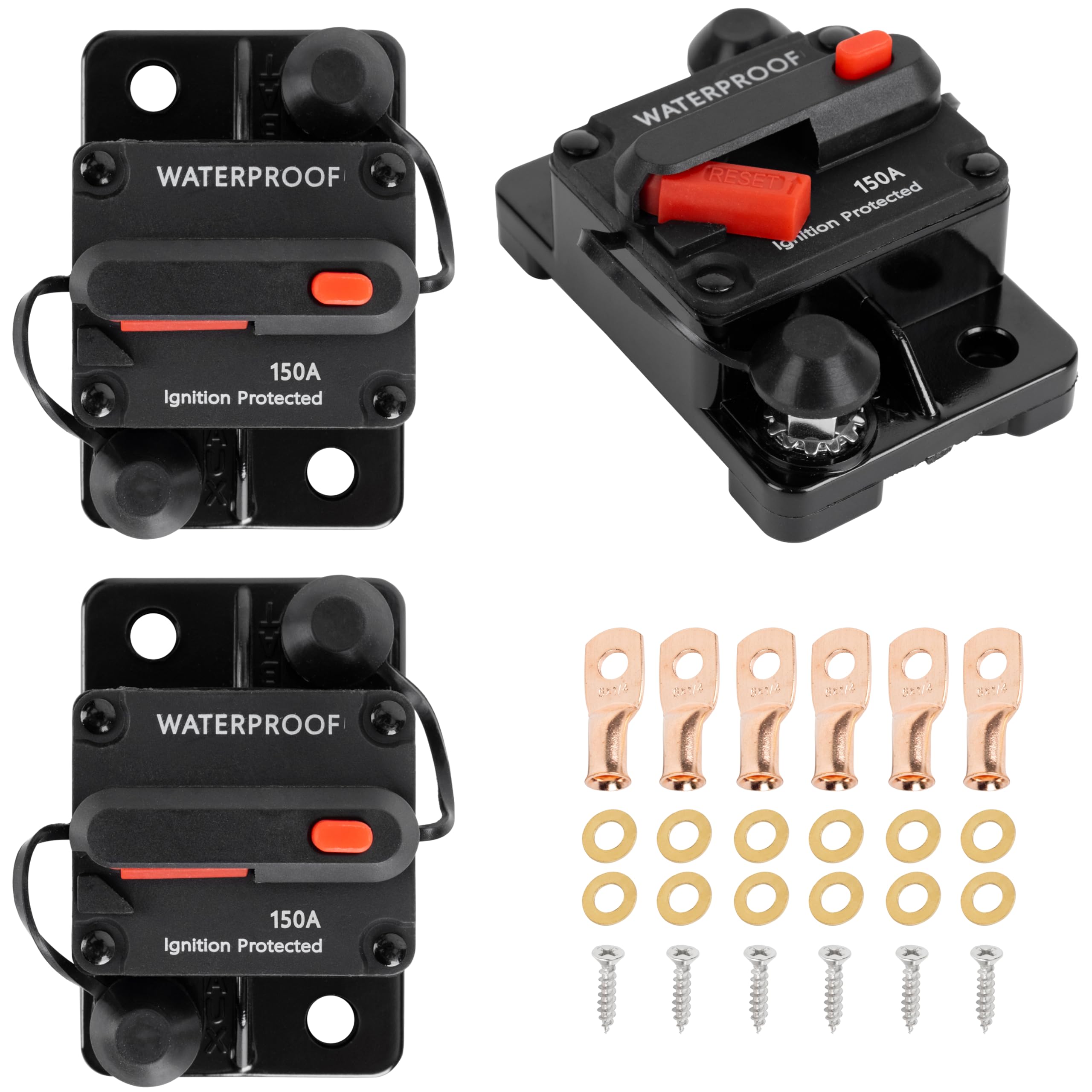 BlueStars 3 Packs 150Amp Circuit Breaker for Boats Cars Trolling Motors Marine Vehicles Winches ATV Electronic Battery System with Manual Reset, Water Proof, 12V-48V DC