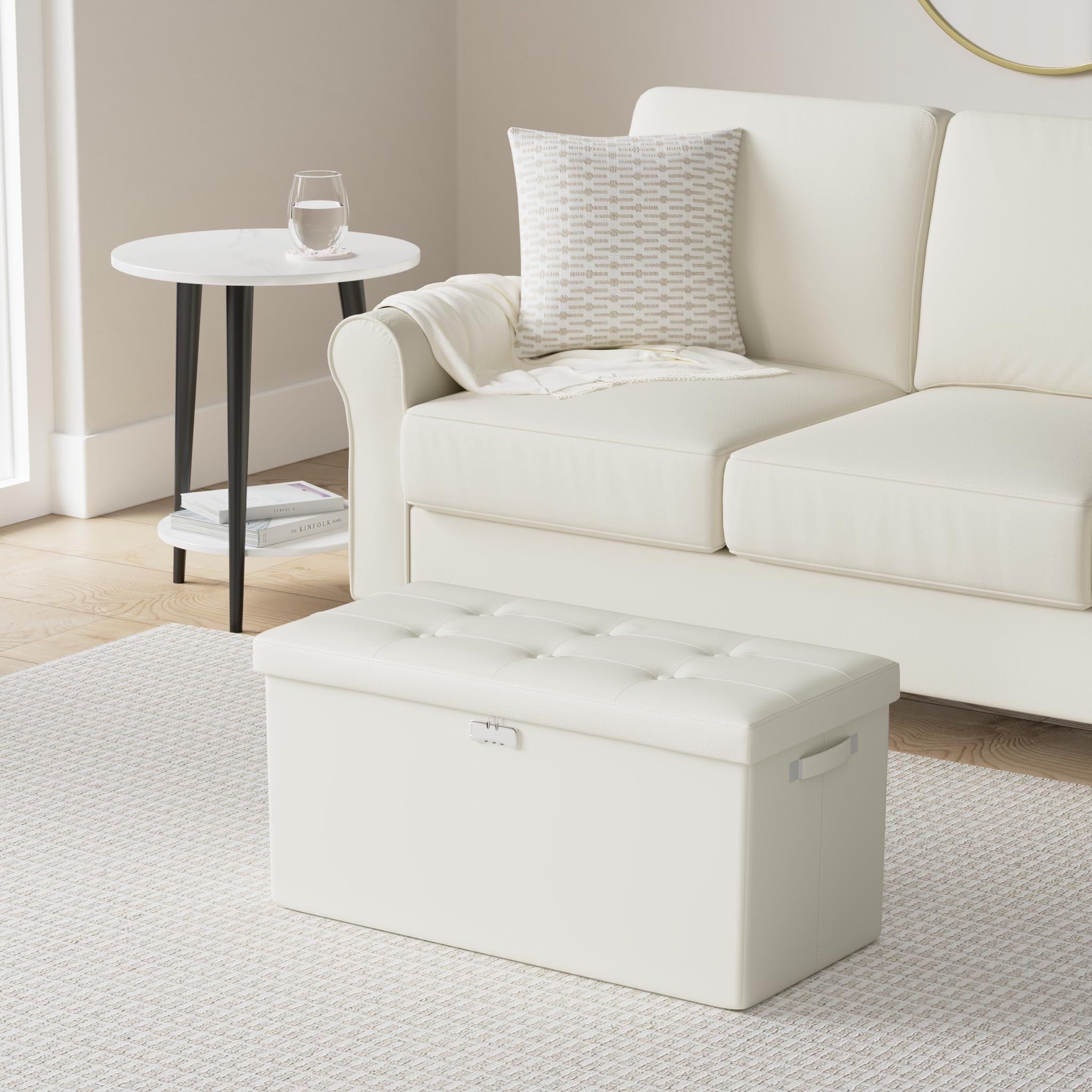 ENGPOW Storage Ottoman with Lock,Fireproof & Waterproof Folding Ottoman Storage Stool Storage Chest with Handle & Zippers Safe for Living Room, Bedroom, Home Office,Dorm,17"x 13"x 13",Beige