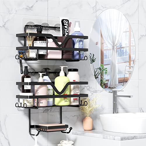 Gaseawolf Adhesive Shower Caddy, 2 Pack Shower Shelf with Soap Holder and Hooks, No Drilling Matte Black Bathroom Shower Organizer for Bathroom, Restroom, Shower Room, Toilet, Kitchen